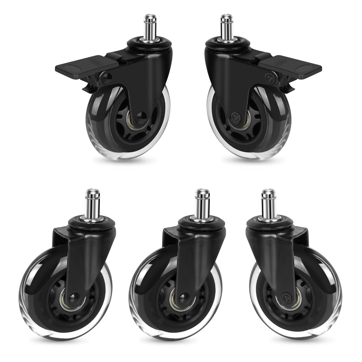 Hirate 5 Pack Office Chair Casters (2 with Brakes, 3 Without), 3" Lockable Heavy Duty Swivel Caster Replacements Smooth Rolling for Hardwood Floor Carpet