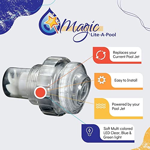 Magic Lite-A- Pool | New and Improved | Jet with LED Lights Provide Mood Pool Lighting w/o Batteries | Powered by Pool Jets | No Tools Req’d Simply Screw in & Replace Your Standard 1.5” Jet Return
