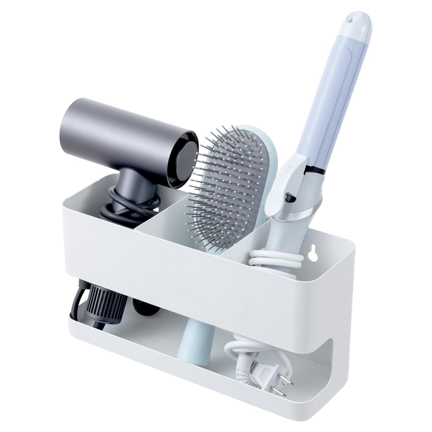 MyGift Hanging Modern White Metal Hair Tools Organizer with 3 Slots, Wall Mounted or Countertop Salon Styling Accessories Holder Rack for Blow Dryer Straightener Curling Iron