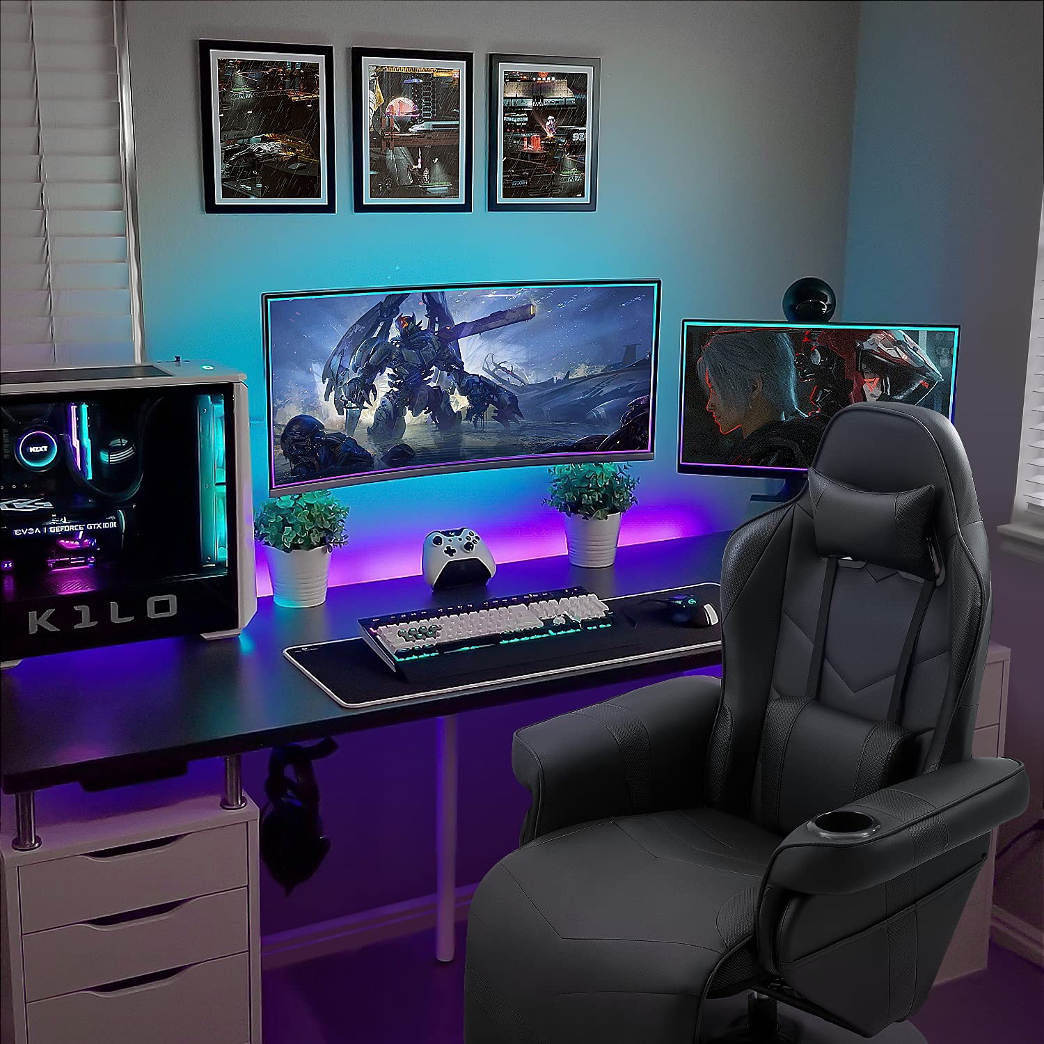 Homall Computer Racing Style Pu Leather Ergonomic Adjusted Reclining Video Gaming Single Sofa Chair with Footrest Headrest and Lumbar Support (Black)