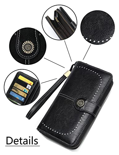 JJUQ Womens Wallet Leather Large Capacity Card Holder Zipper Wristlet Wallets for Women-black