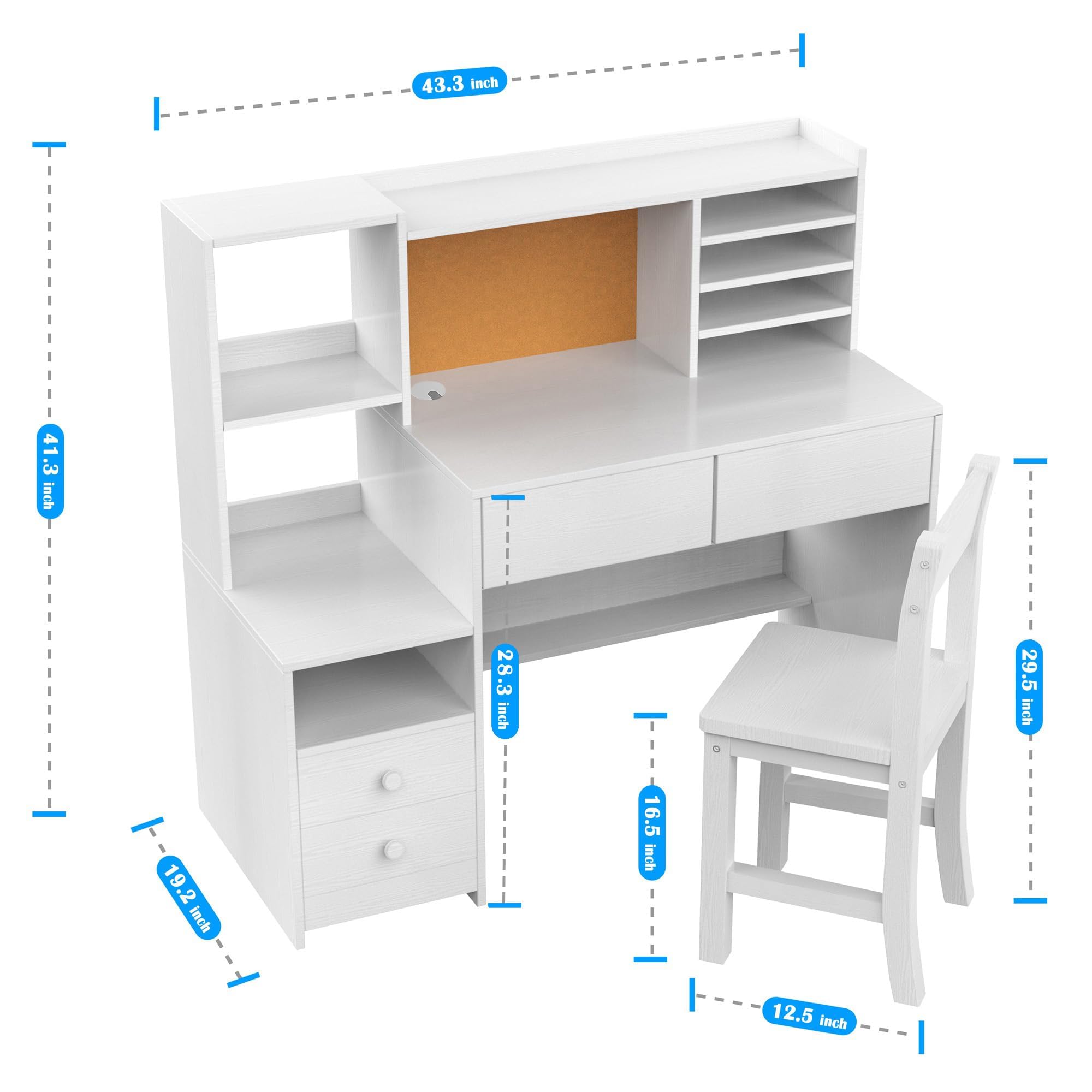 OZMSHF White Kids Desk and Chair Set for 8-12 Year Old,Kids Desk with Storage with 4 Drawers, Wooden Children School Study Table with Hutch,Kids Table and Chairs Ages 6-12