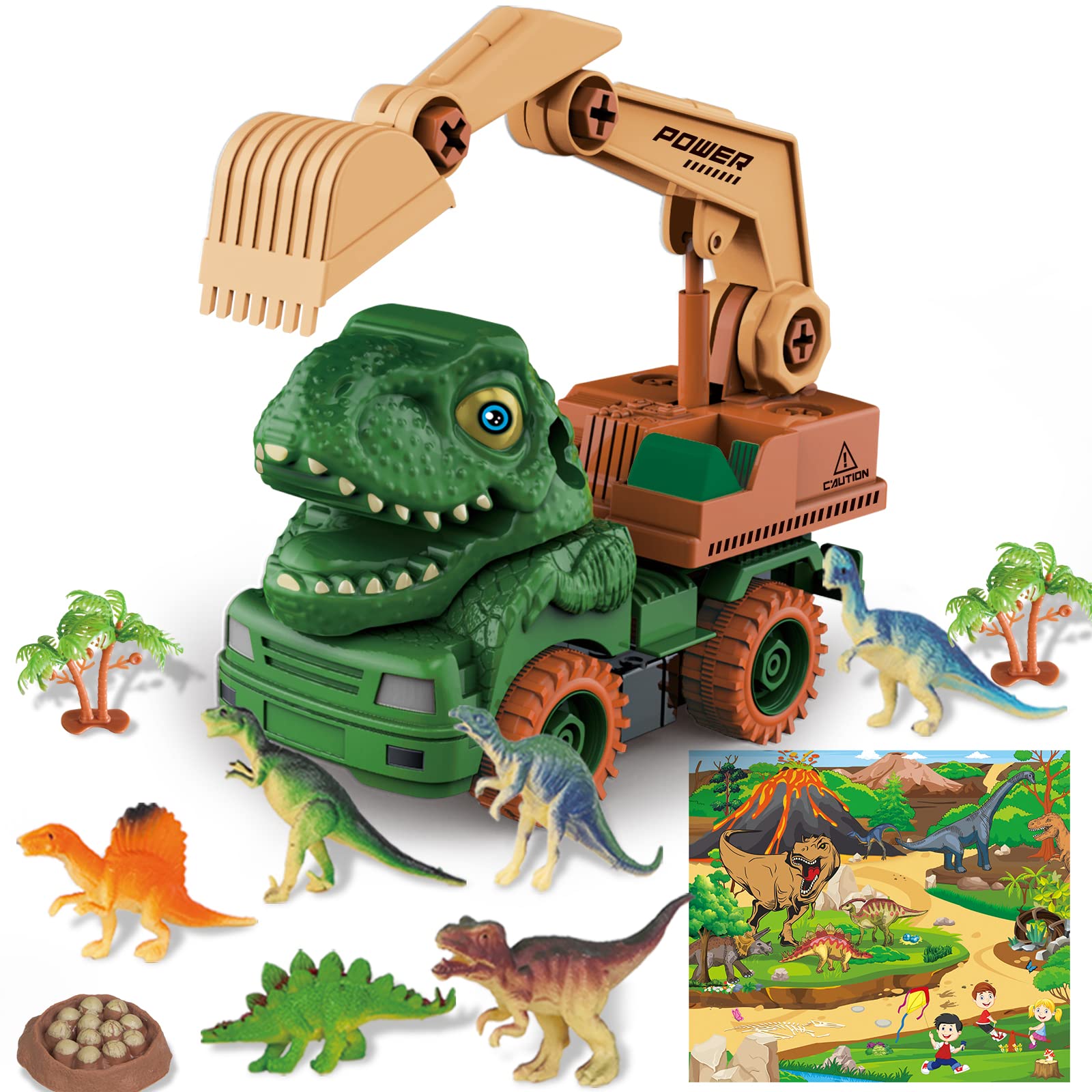 JUMEI Dinosaur Excavator Toy Playset,Friction Assemblely Excavator Toy with 6pcs Dinosaur,Screwdriver and Map,Construction Green