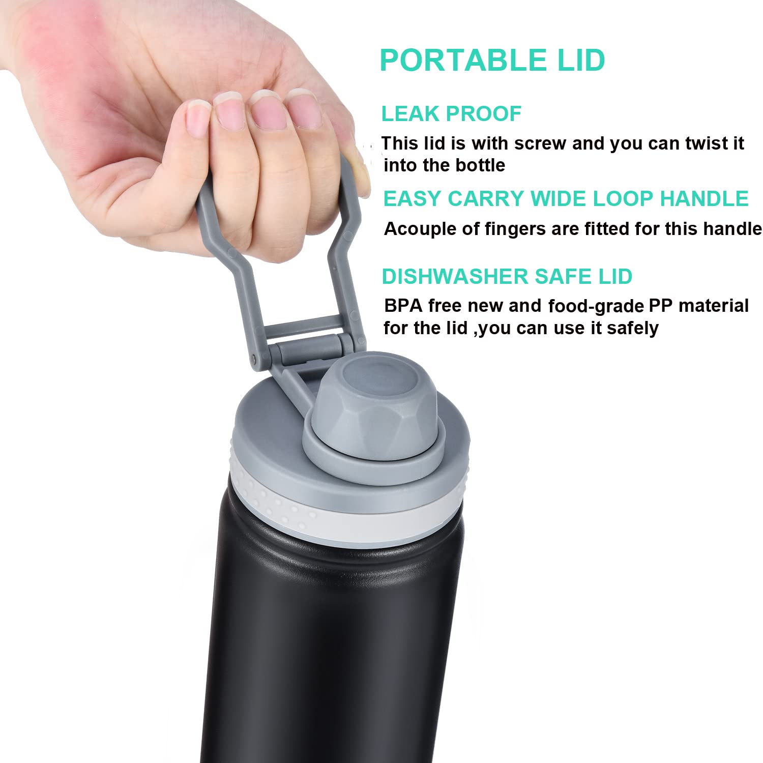 Hytodre Insulated Water Bottle,Stainless Steel Vacuum Insulated Water Bottle, Double-Wall Thermos Water Bottle with Leak Proof Spout and Handle Lid,Black,18oz