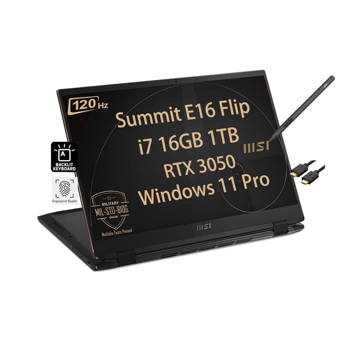 MSI Summit E16 Flip 16” QHD+ 120Hz Touchscreen 2-in-1 Business Laptop (Intel i7-1195G7, 16GB RAM, 1TB SSD, RTX 3050) Long-Battery Life, Backlit, Killer WiFi 6E, Thunderbolt 4, Fingerprint, Win 11 Pro