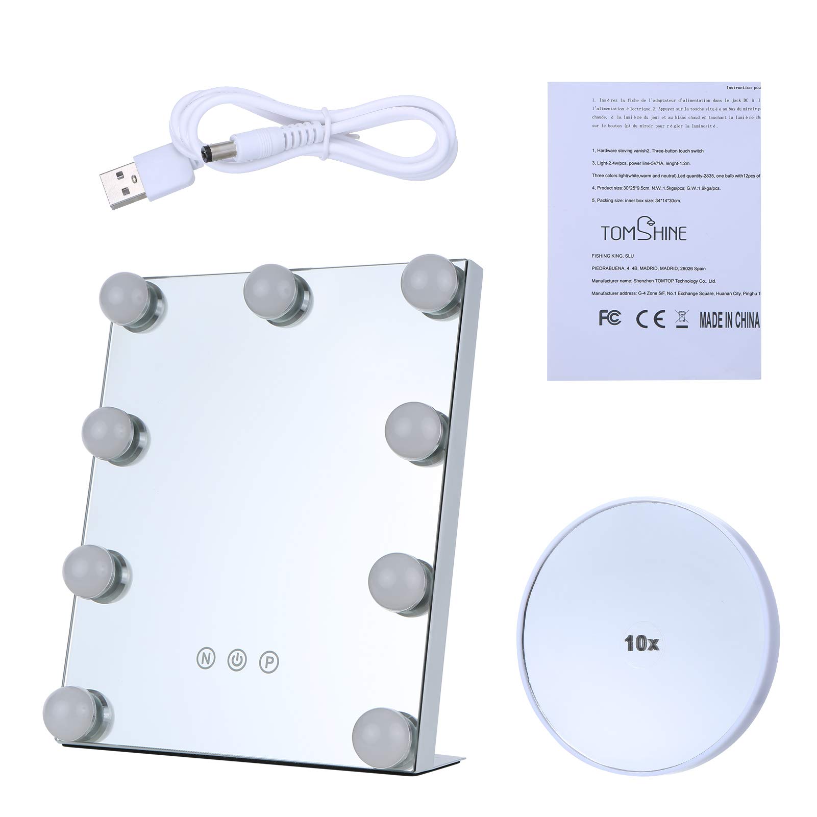 Hollywood Mirror with Light Lighted Vanity Makeup Mirror Cosmetic Mirror Touch Control 9 LED Bulbs 3 Colors Dimmable Light 10X Magnification(White)