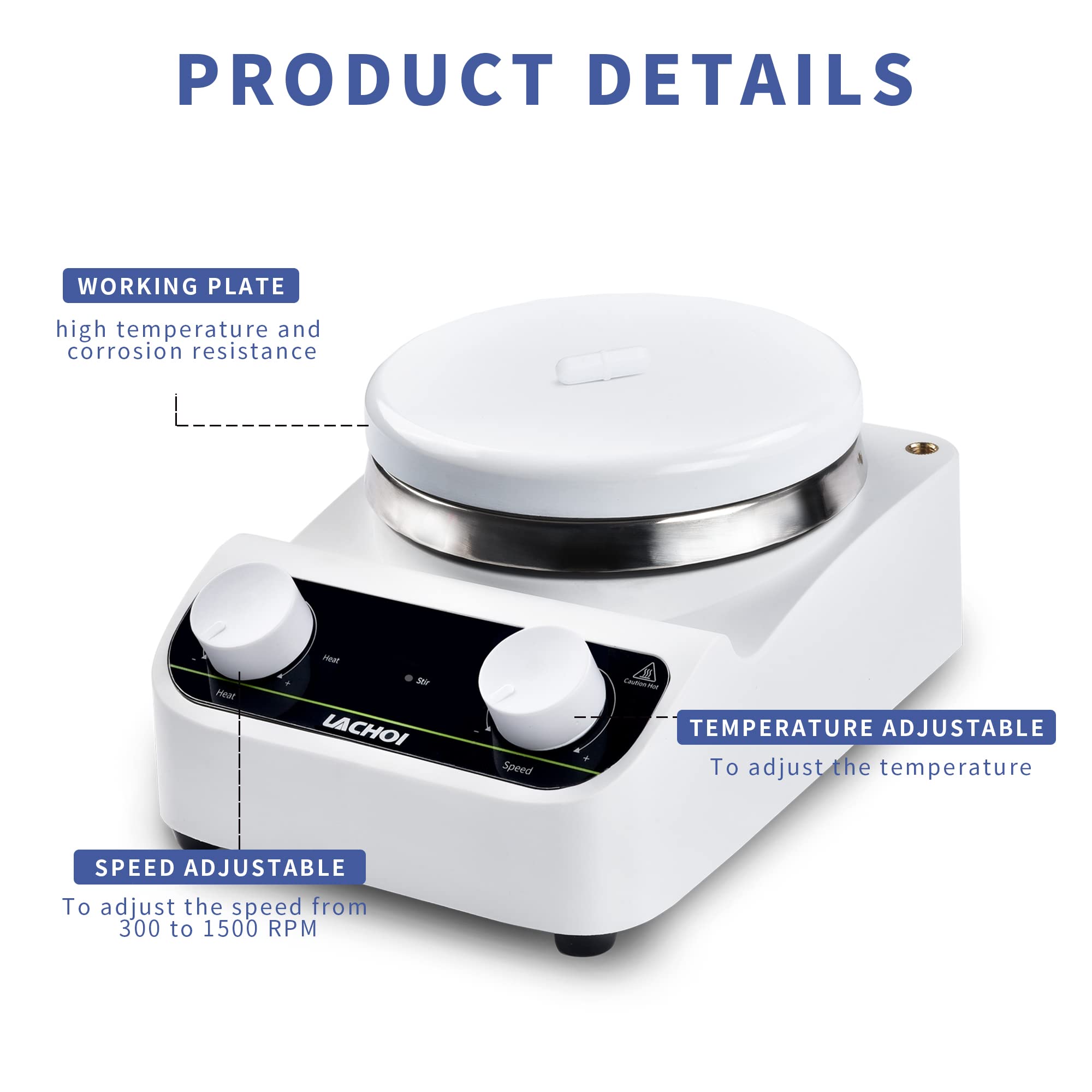 LACHOI Magnetic Stirrer Hot Plate Mixer 280℃ Hot Plate Magnetic Stir Plate 300-1500RPM 5000ml Stirring Capacity Magnetic Hotplate Stirrer with Stirring Bar Lab Stirrer(Heating)