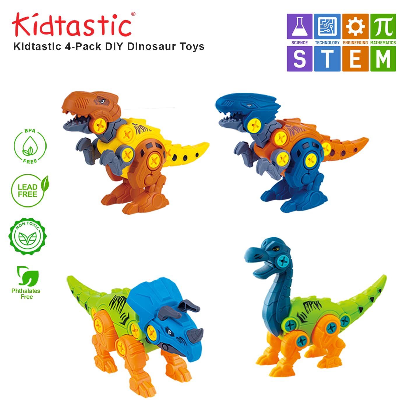 Kidtastic STEM Dinosaur Toys Construction Engineering Building PlaySet 4-Pack Take Apart Fun for Boys Girls Toddlers Ages 3-6 and Up Years Old