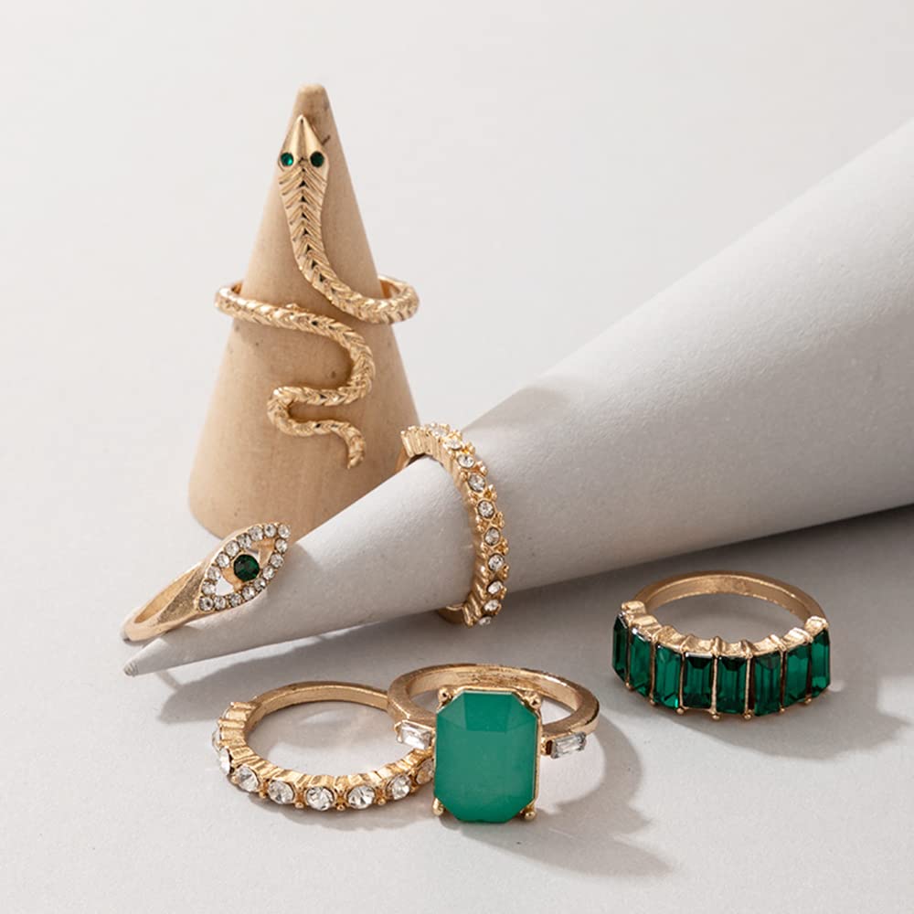 Jumwrit Bohemian Knuckle Finger Rings for Women Gold Snake Evil Eye Rhinestone Rings Green Emerald Stackable Rings for Teens Girls (6 PCS)