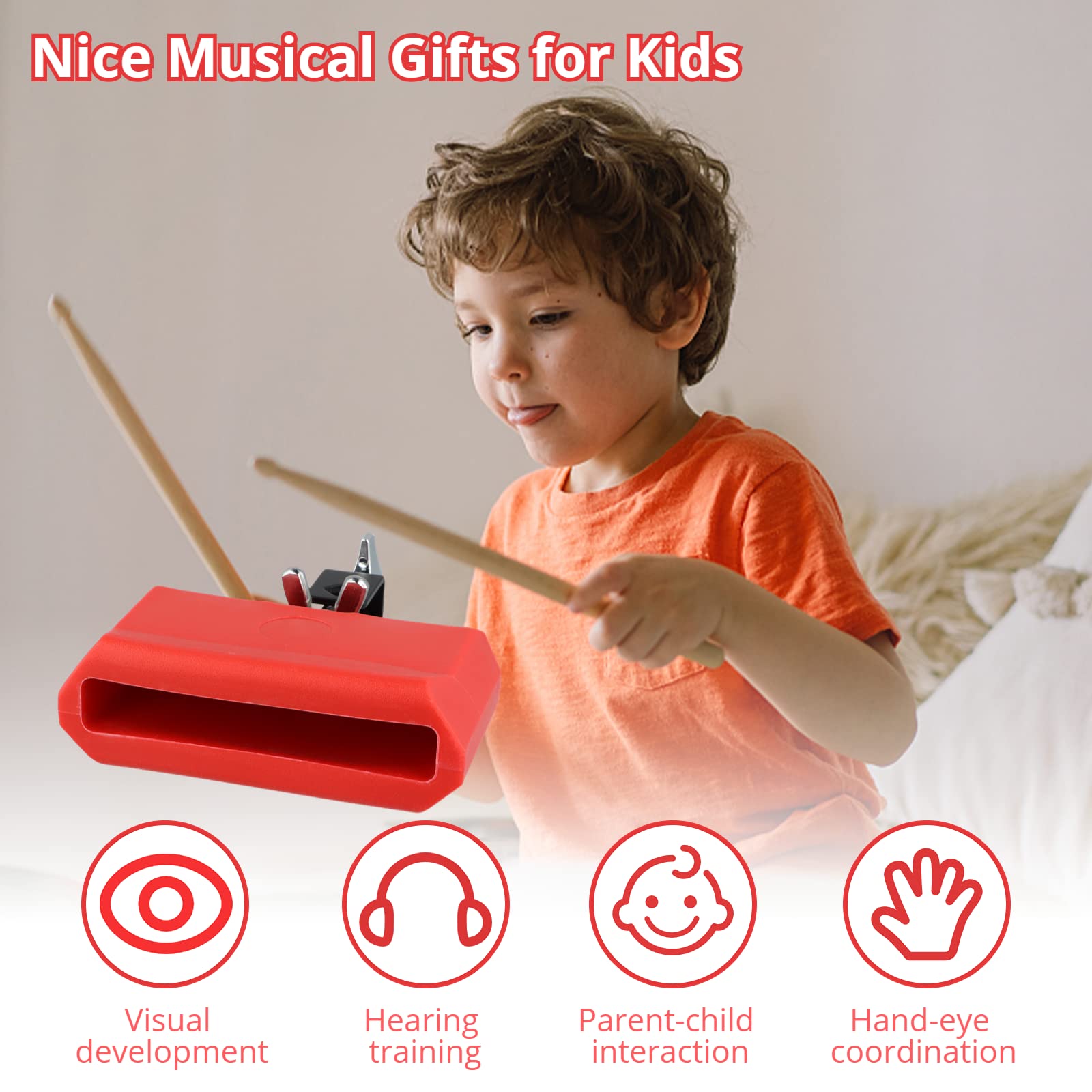 Jam Block, Plastic Cowbell Jam Drum Block with a Drumstick, Musical Percussion Block with Adjustable Mounting Bracket, Latin Drum Instrument, Red