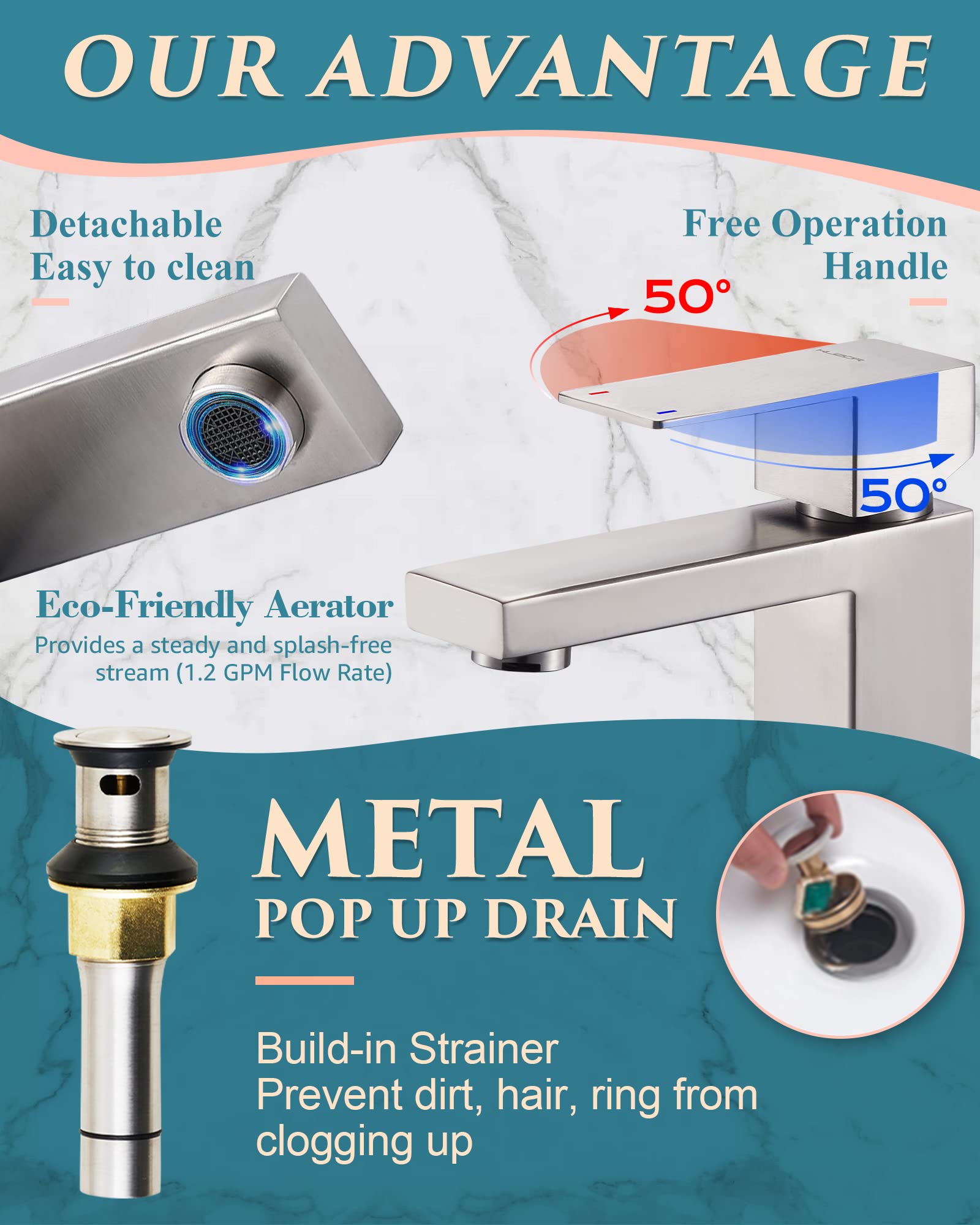 KUZOR Bathroom Faucets Single Hole, Brushed Nickel Bathroom Sink Faucet One Hole 1 Handle, 304 Stainless Steel Modern Faucet for Bathroom Sink Square