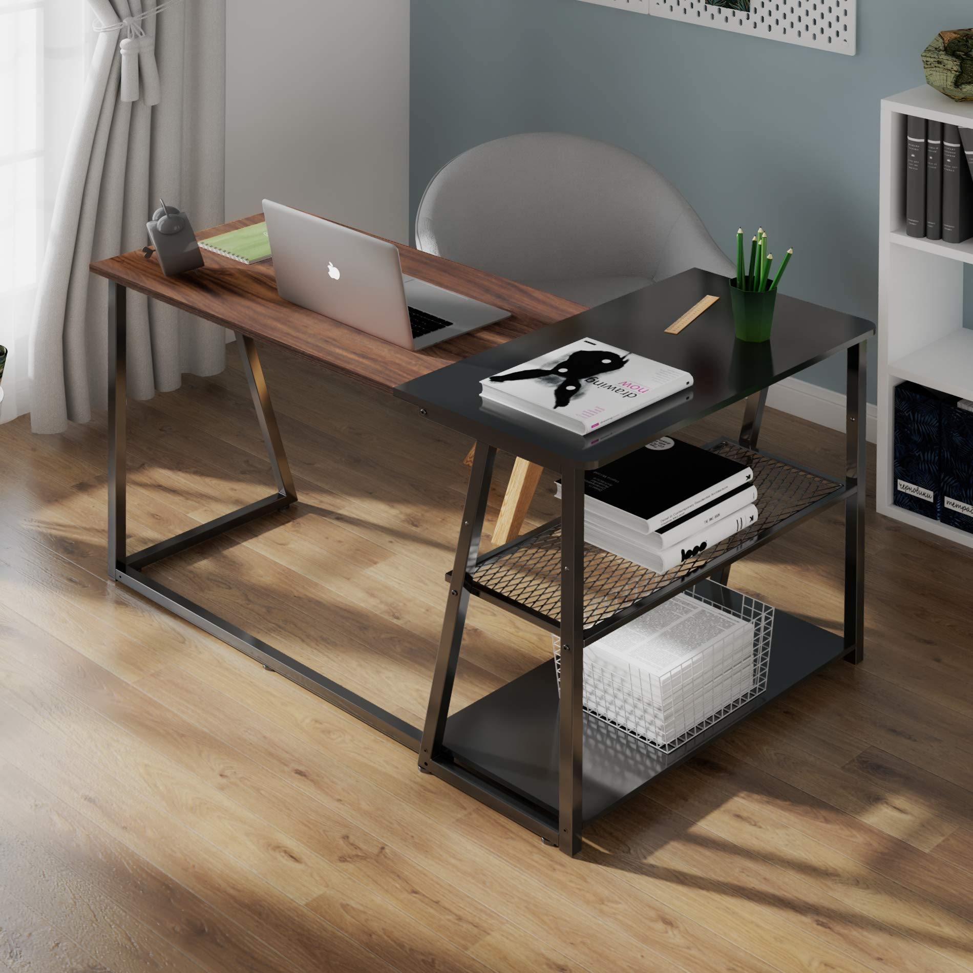 HOMOOI Small L-Shaped Desk with Storage Shelves, 47.2 Reversible Corner Writing Table for Home Office, Rustic Brown and Black