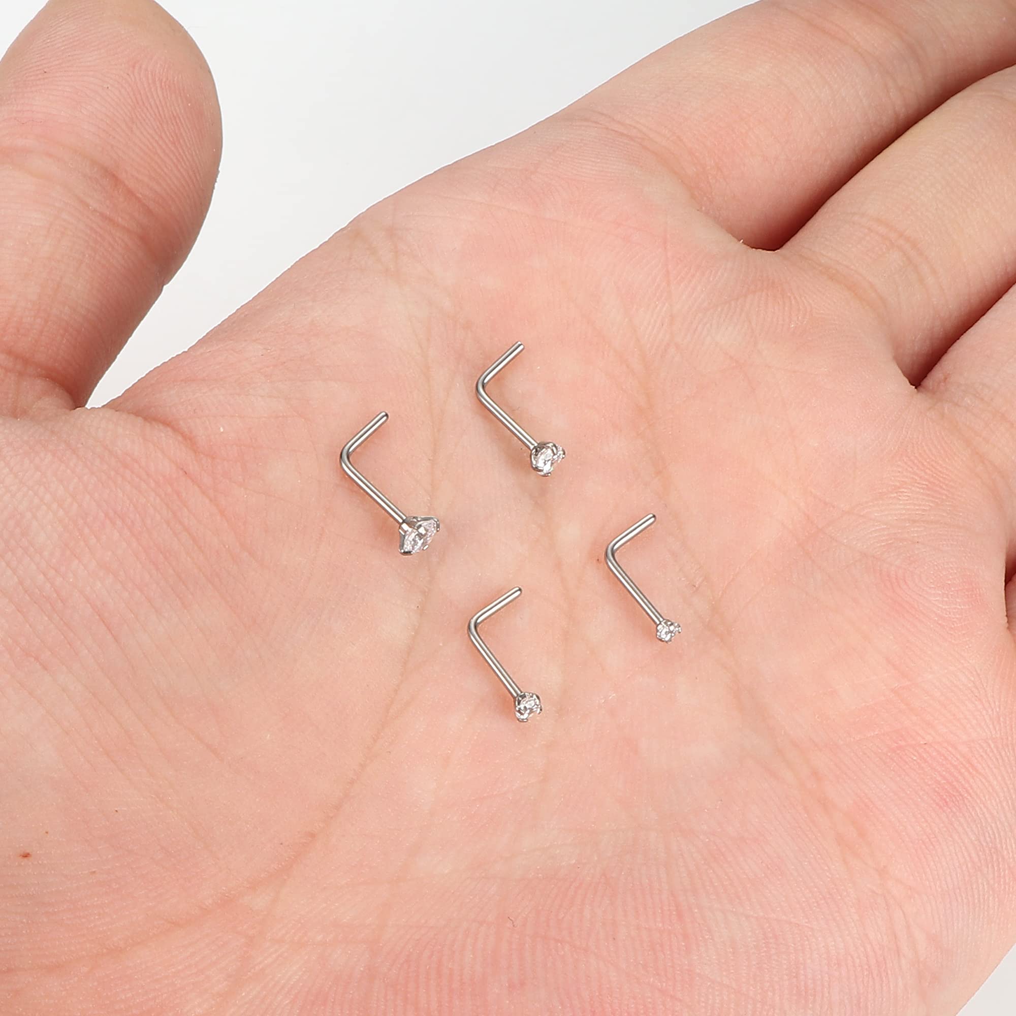 IRONBOX 20G Titanium Nose Ring Studs for Women Men Square Round CZ Nose Stud L Shape Screw Nose Rings Nostril Piercing Jewelry