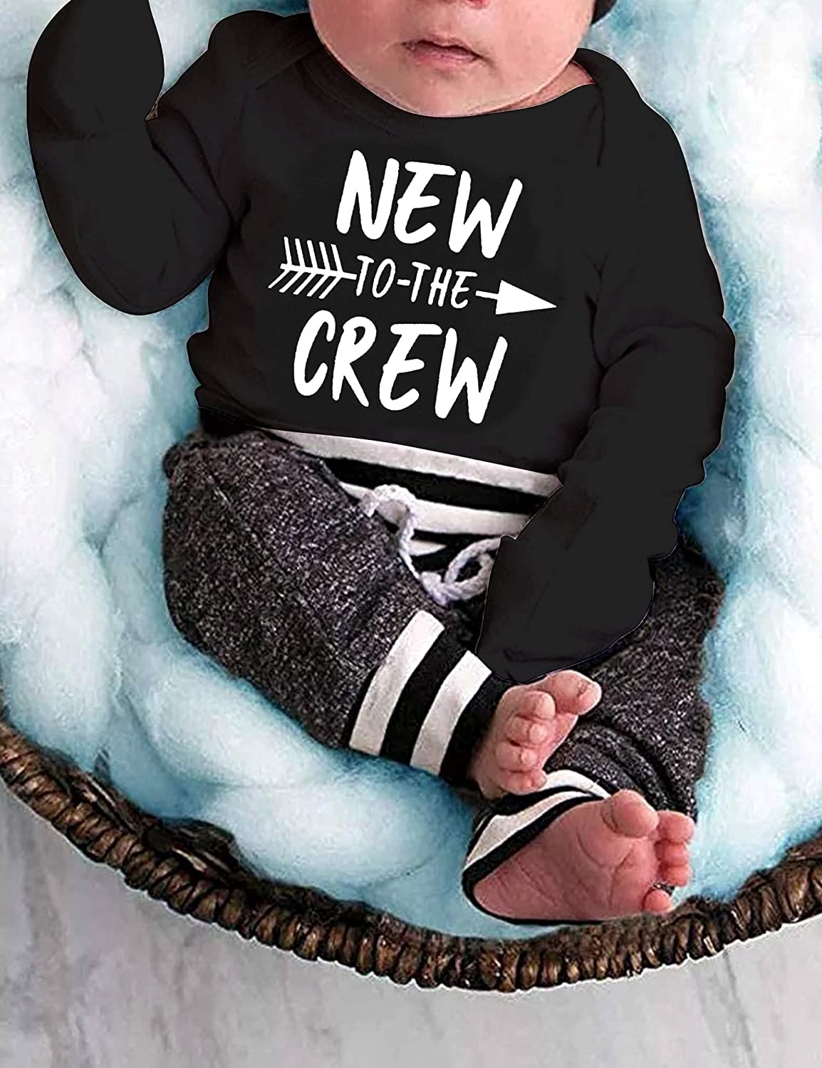 Kulcerry Infant Baby Boy Clothes New to The Crew Letter Print Long Sleeve Romper + Pants + Hat 3PCS Outfits Set(Black, 0-3 Months