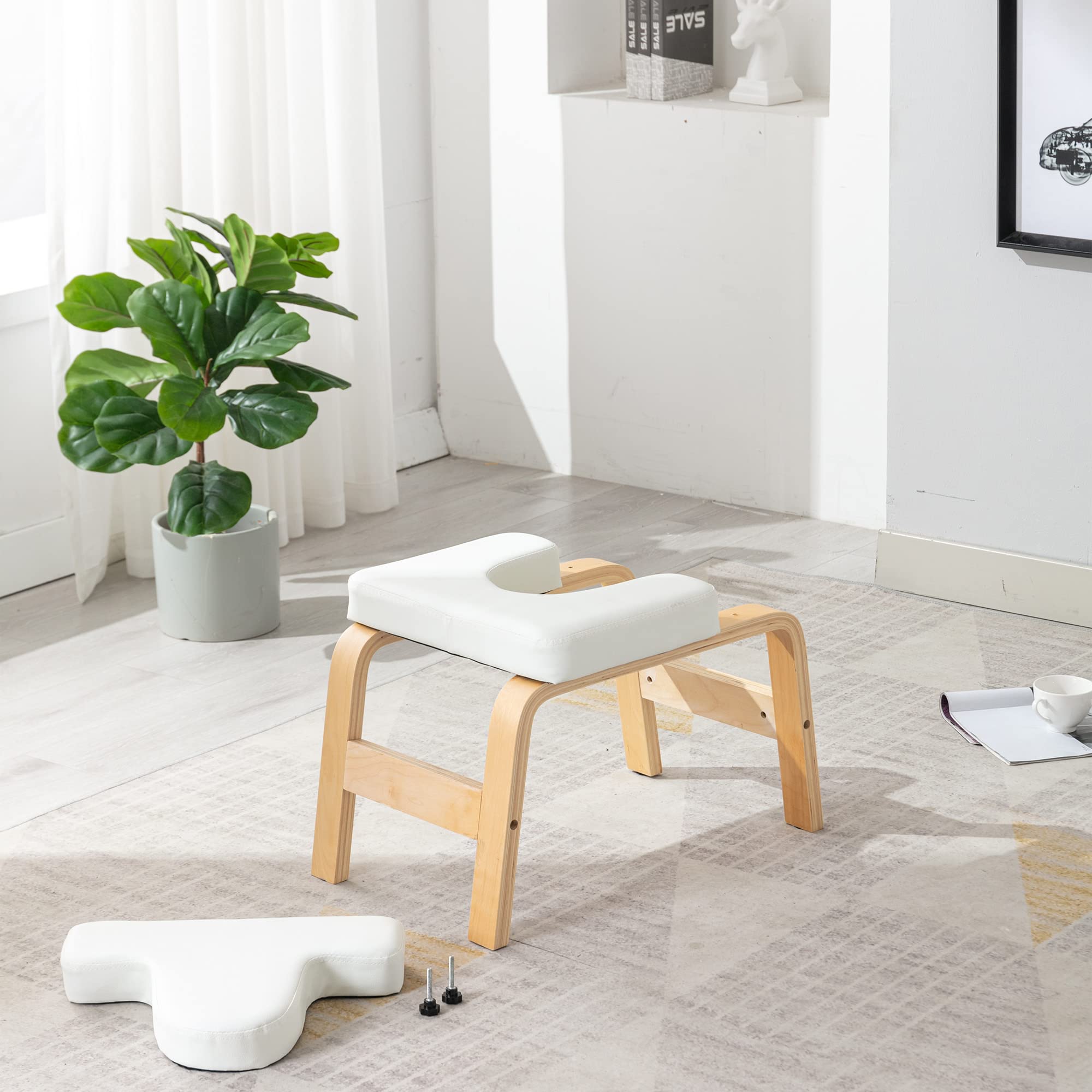 KCC Yoga Headstand Bench,Yoga Inversion Chair,Yoga Inversion Trainer, Wood Frame and PVC Pads,White
