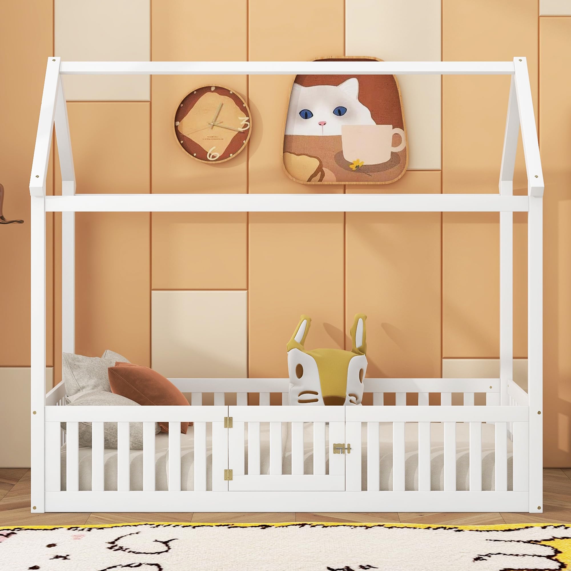 P PURLOVE Twin Size Floor House Bed Frame,Wood Montessori Floor Bed Frame with Fence for Boys,Girls,White