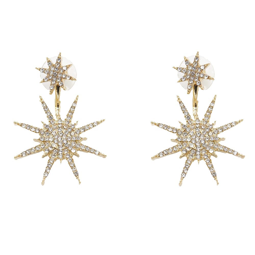 Jumwrit Starburst Rhinestone Earrings Star Dangle Earrings Rhinestone Punk Earrings Statement Drop Earrings for Women(Gold)