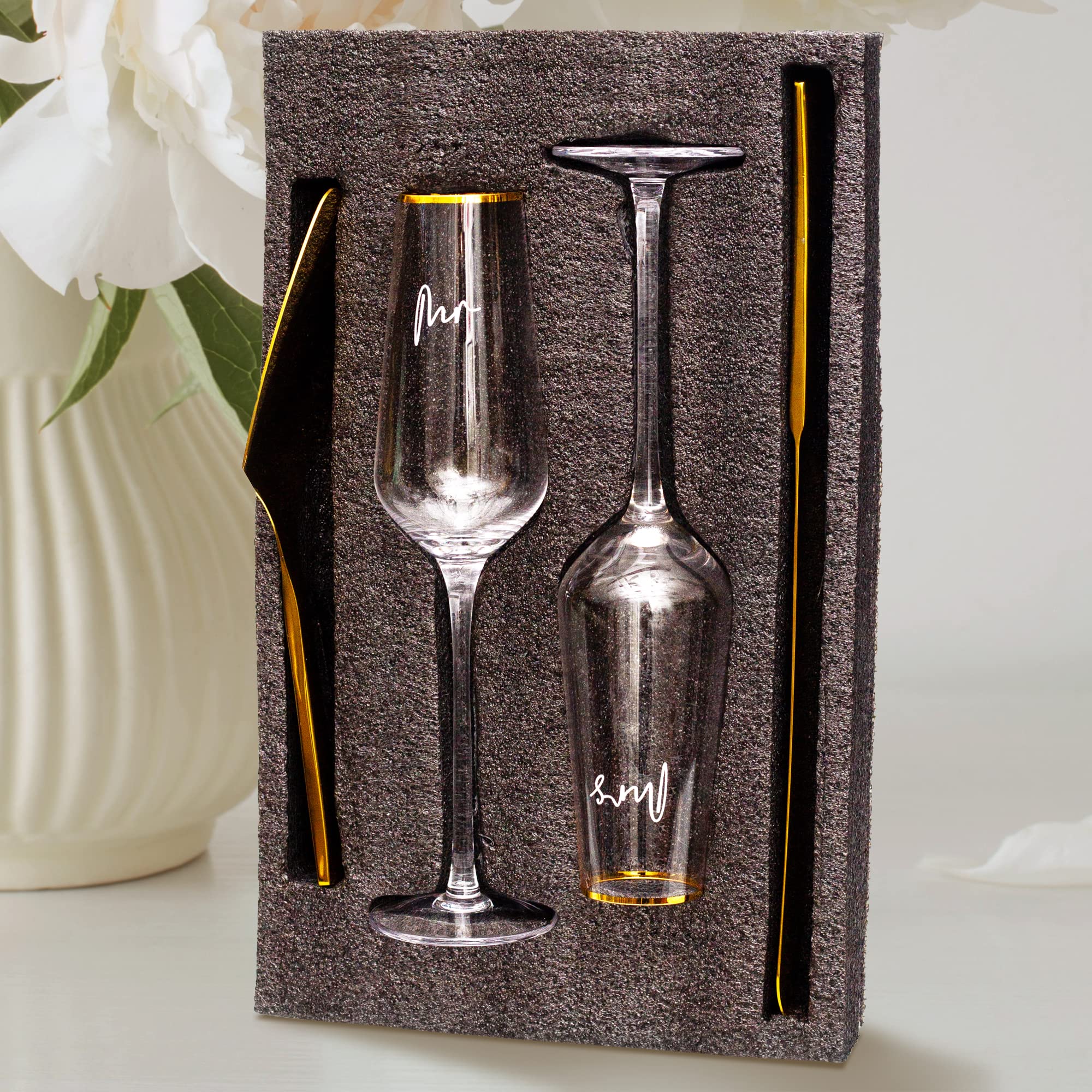 J&A Homes Gold Wedding Cake Knife Server Set and Toasting Flutes - Reception Bride Groom Wedding Party Champagne Glasses Pie Cake Cutting Engagement Gift