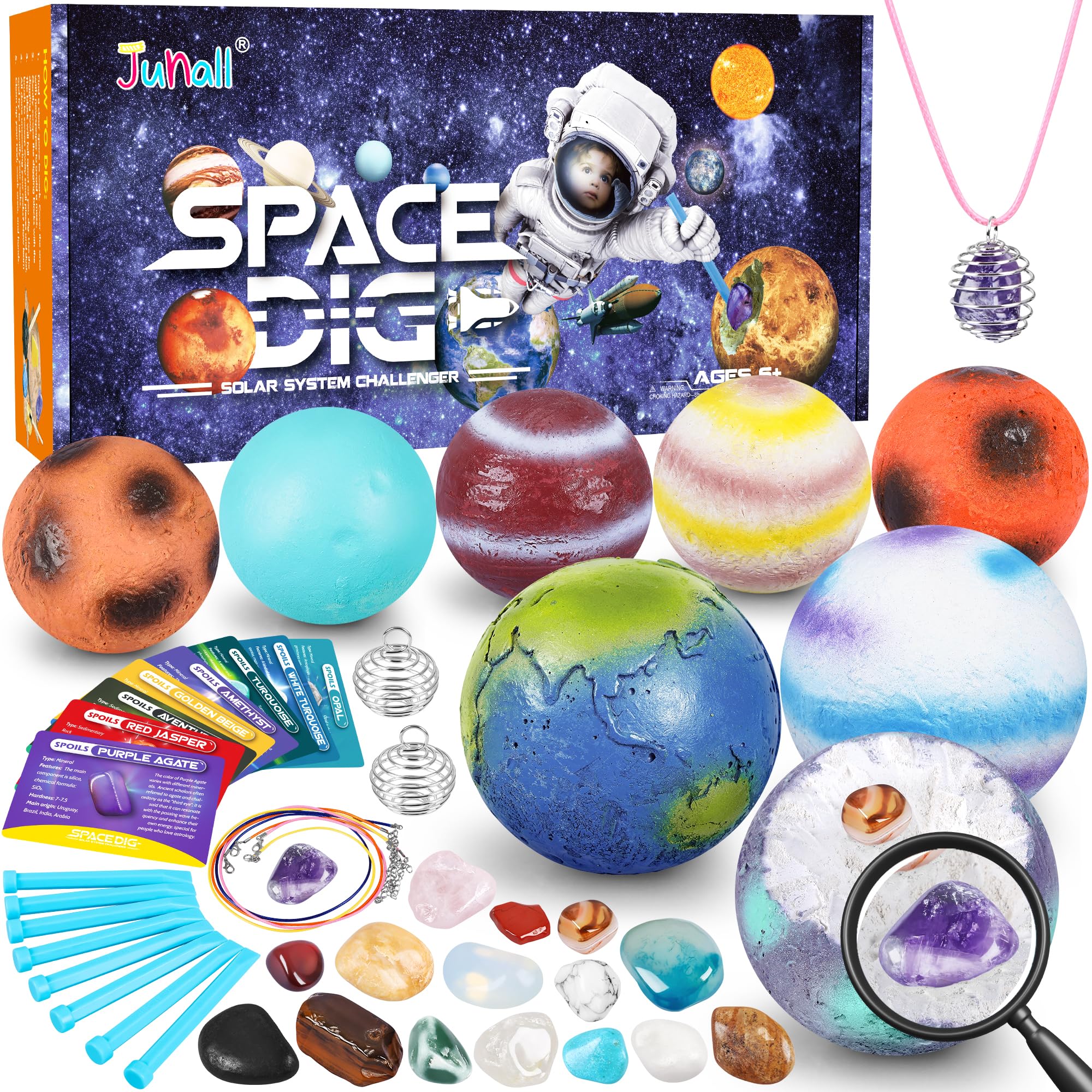 Junall Gemstone Dig Kit, Easter Egg Space Toys for Kids, Dig up 8 Planets Find 16 Gems & Explore Solar System, Science STEM Activities - Educational Gifts for Boys Girls Age 5 6 7 8 10+Year Old