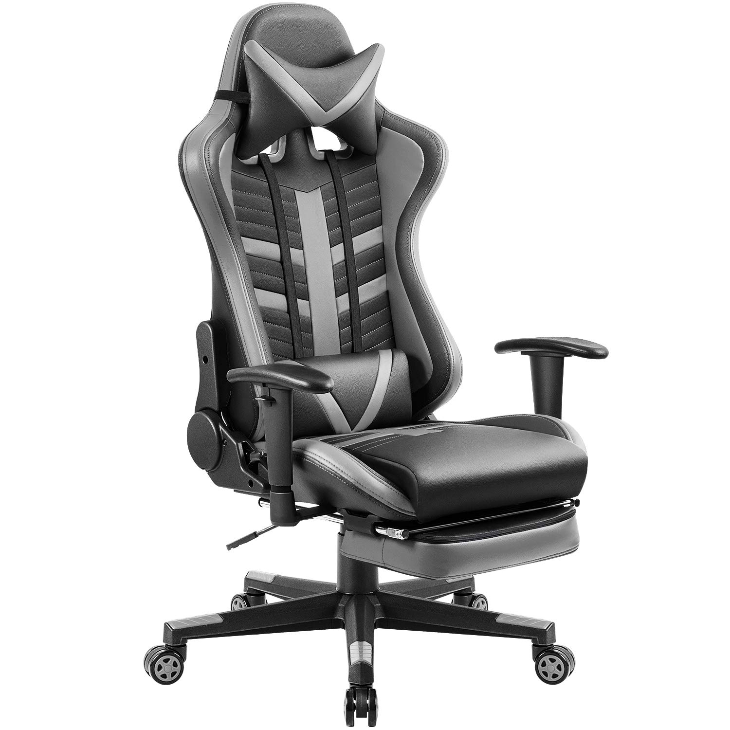 Homall Ergonomic High-Back Racing Chair | Leather Bucket Seat, Headrest, Footrest and Lumbar Support | Black & White