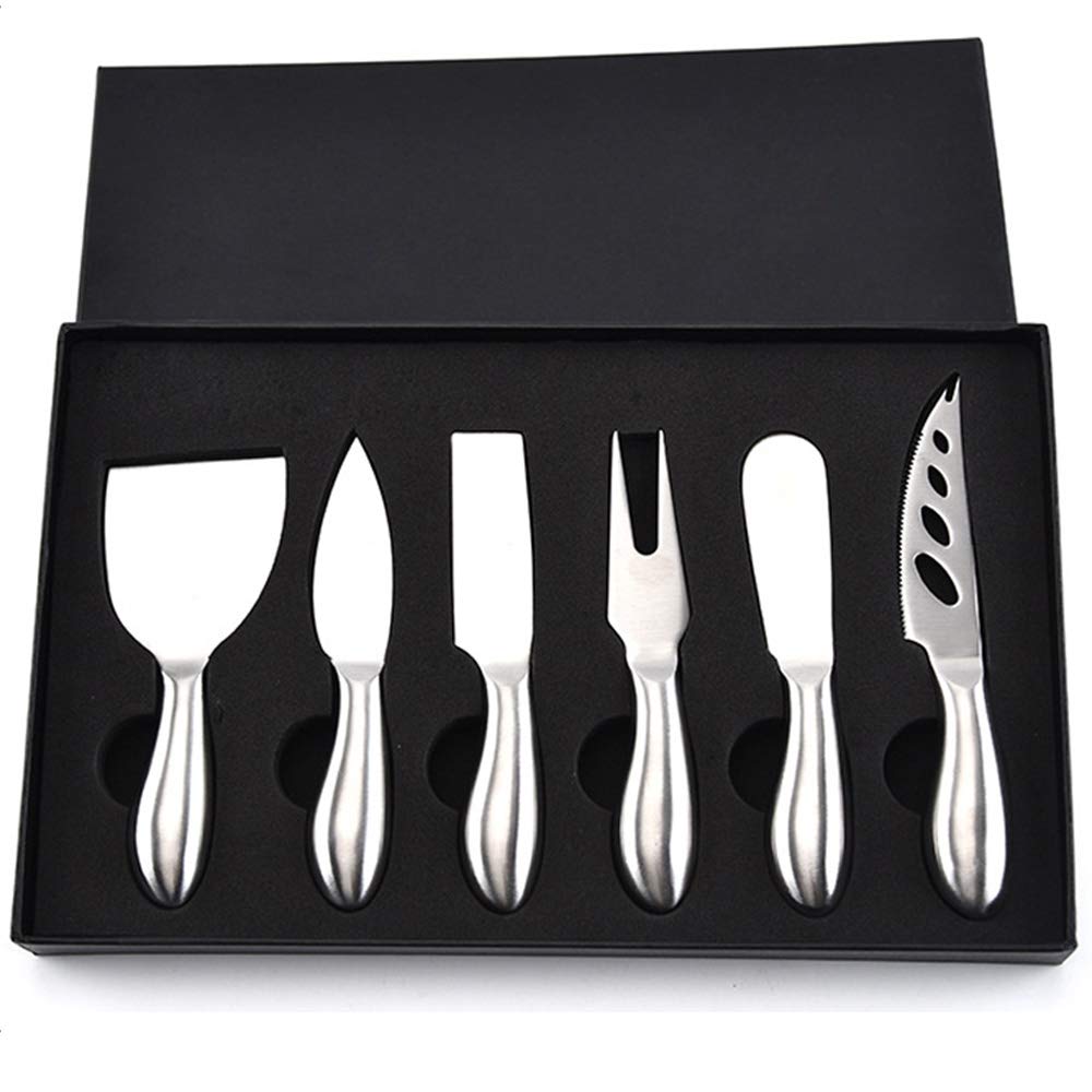 LGUIY Cheese Knives, 6-Piece Cheese Knife Set Stainless Steel Cheese Knife with Exquisite Box Cheese Slicer Cutters Fork for Pizza Cake Cheese Butter - Gift Ready