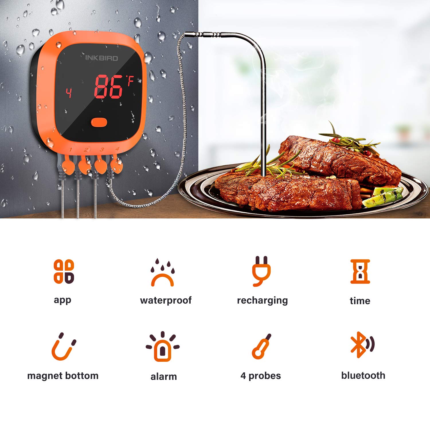 Inkbird Waterproof 150 FT Bluetooth Meat Thermometer IBT-4XC with Magnet, Timer, Alarm and 4 Probes, BBQ Grill Digital Wireless Meat Thermometer for Cooking, Smoker, Kitchen, Oven