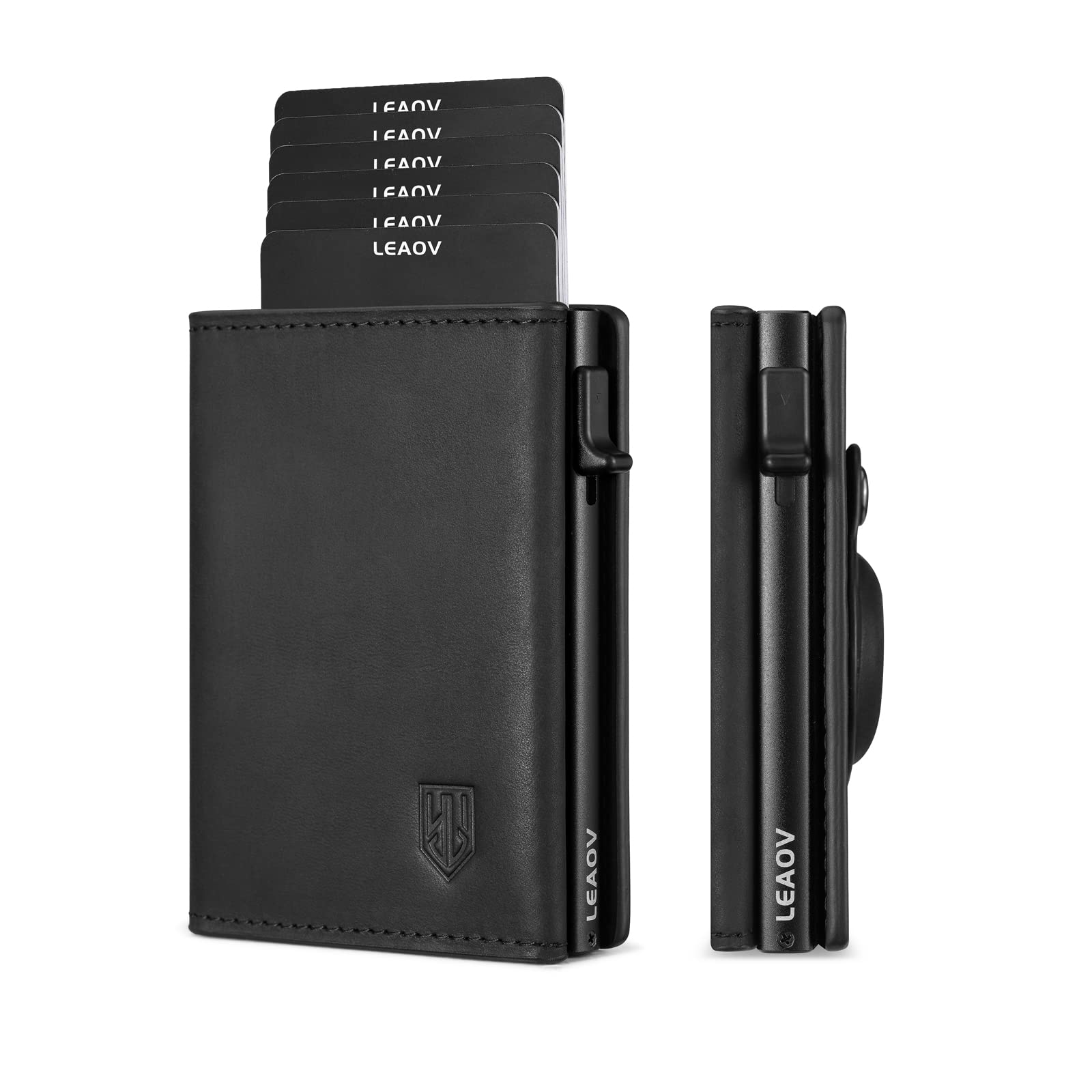 Leaov AirTag Wallet RFID Blocking Pop Up Wallet Credit Card Holder for Apple AirTag,Genuine Leather Simple AirTag Wallet(AirTag not included) Black