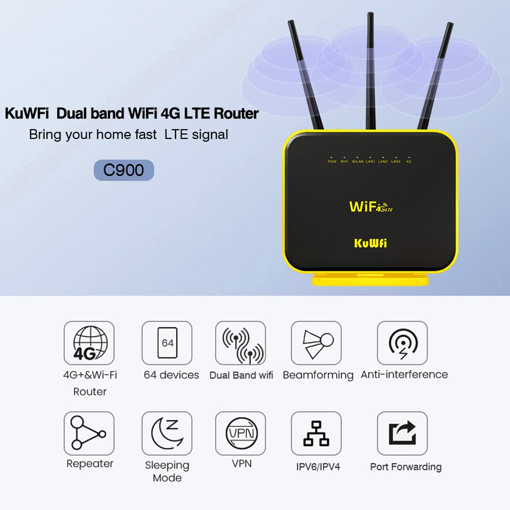 KuWFi vSIM Hotspot 4G LTE Router 1200Mbps Dual Band Gigabit WiFi External Antenna with US 2GB Data vSIM Router Offer high-Speed Data Plans to accommodate RV orRural No Contract Plug and Play