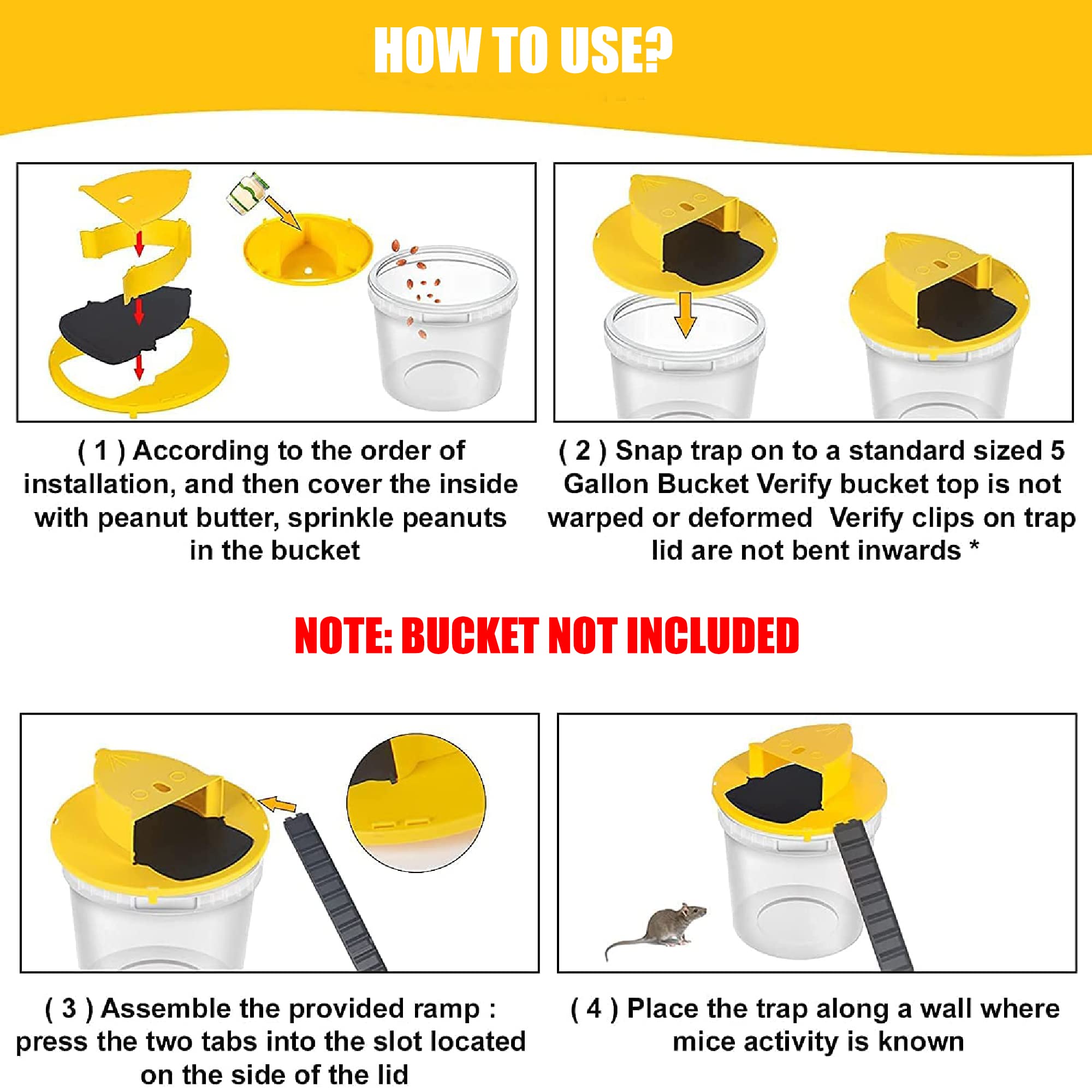 Pack 3 Bucket Lid Mouse Rat Trap, Mouse Catching Tool, Trap Door Style, Multi Catch, Auto Reset, Indoor Outdoor, 5 Gallon Bucket Compatible