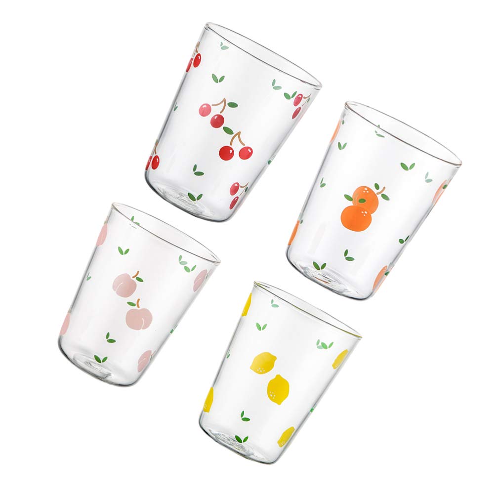 Hemoton 4pcs Glass Coffee Cups Drinking Glasses Glass Mugs with Fruit Pattern for Drinks Water Juice Beer Cocktail(Random Pattern)