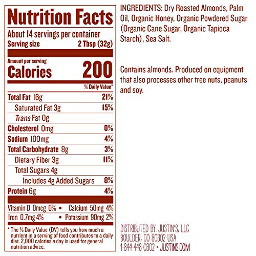 Justin's Honey Almond Butter, No Stir, Gluten-free, Non-GMO, Responsibly Sourced, 16 Ounce Jar