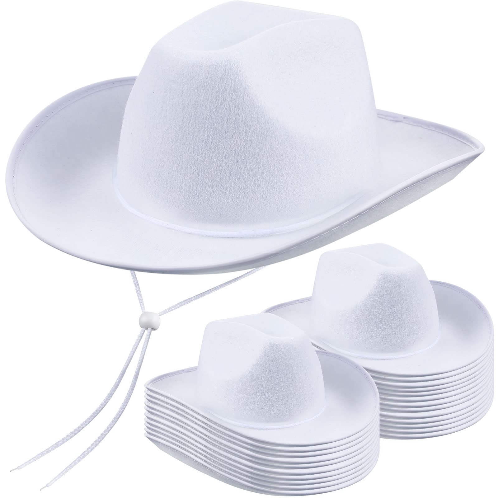 Janmercy 24 Pack Cowboy Hats Bulk Western Plain Cowboy White Hats Cowboy Hat with Adjustable Neck Drawstring for Wedding Stage Performance Bachelorette Party Performance Decor