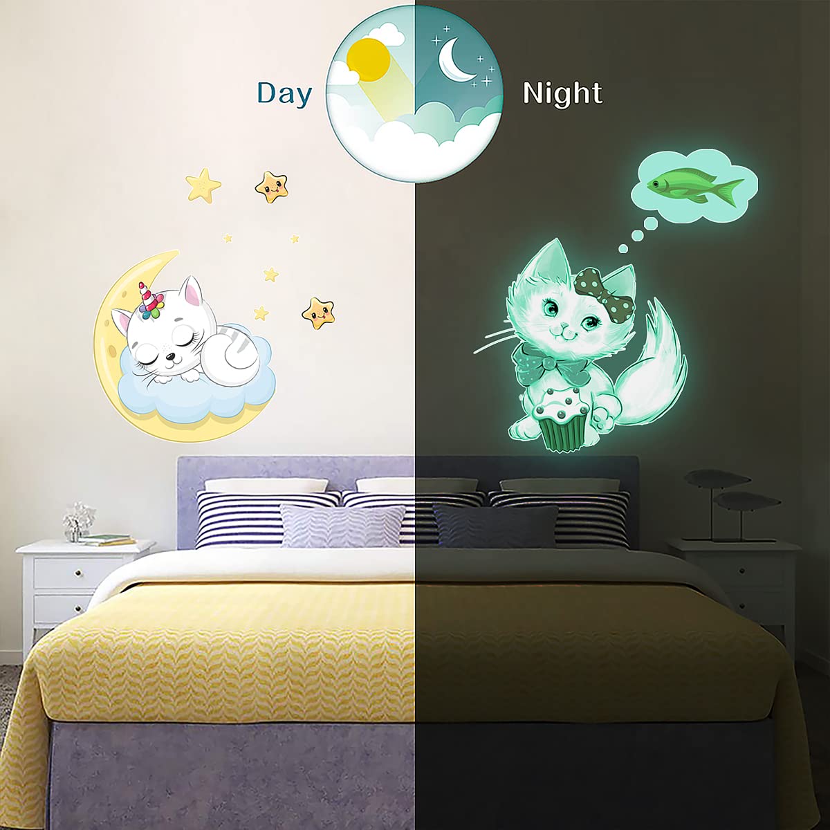 MESU Glow in The Dark Cat Wall Stickers Luminous Ceiling Decals for Nursery Kids Bedroom Decor Cat