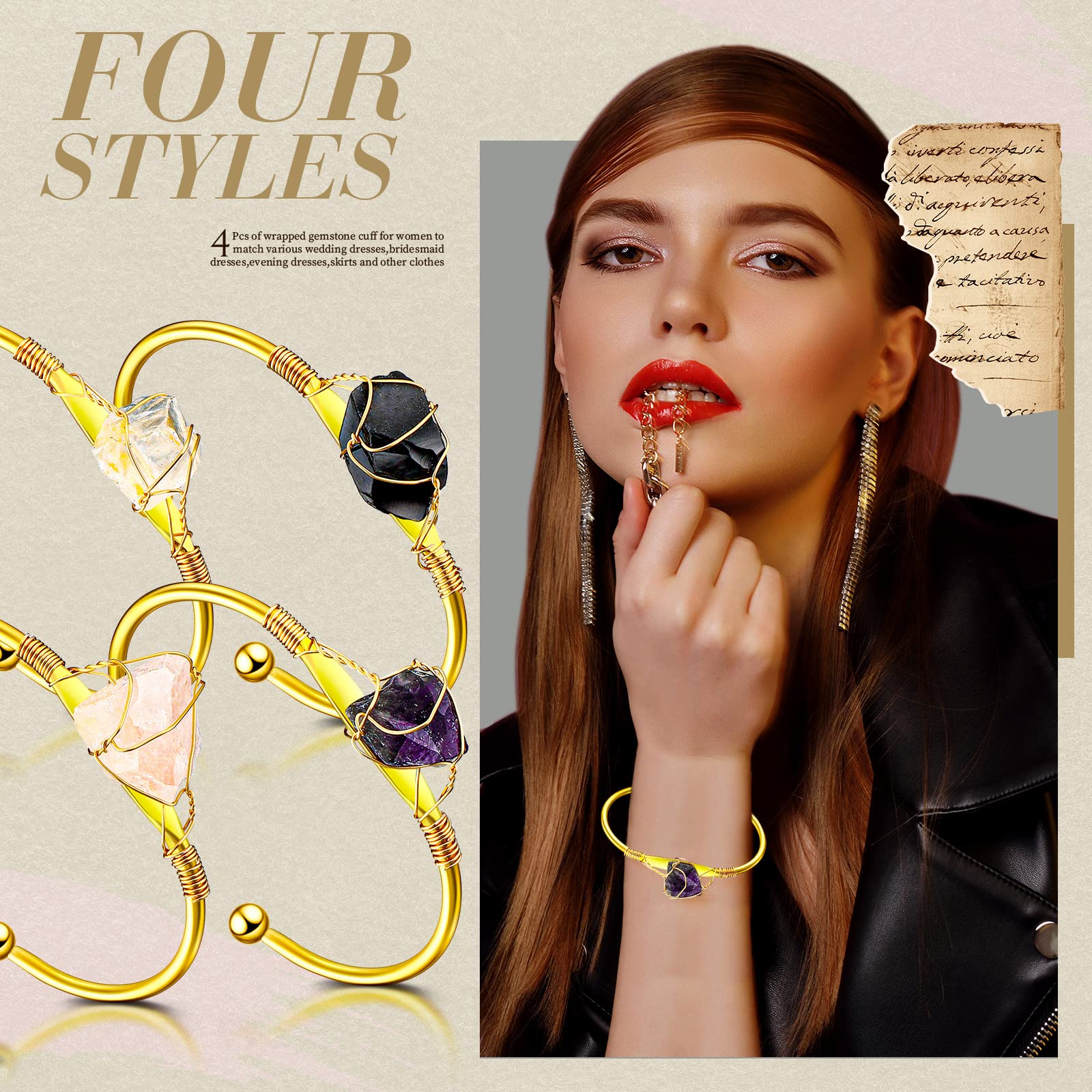 Kigeli 4 Pcs Gold Plated Crystal Cuff Bracelets for Girls Women Irregular Natural Gemstone Cuff Bangle Adjustable Wire Wrapped Cuff Bracelets for Birthday Gifts