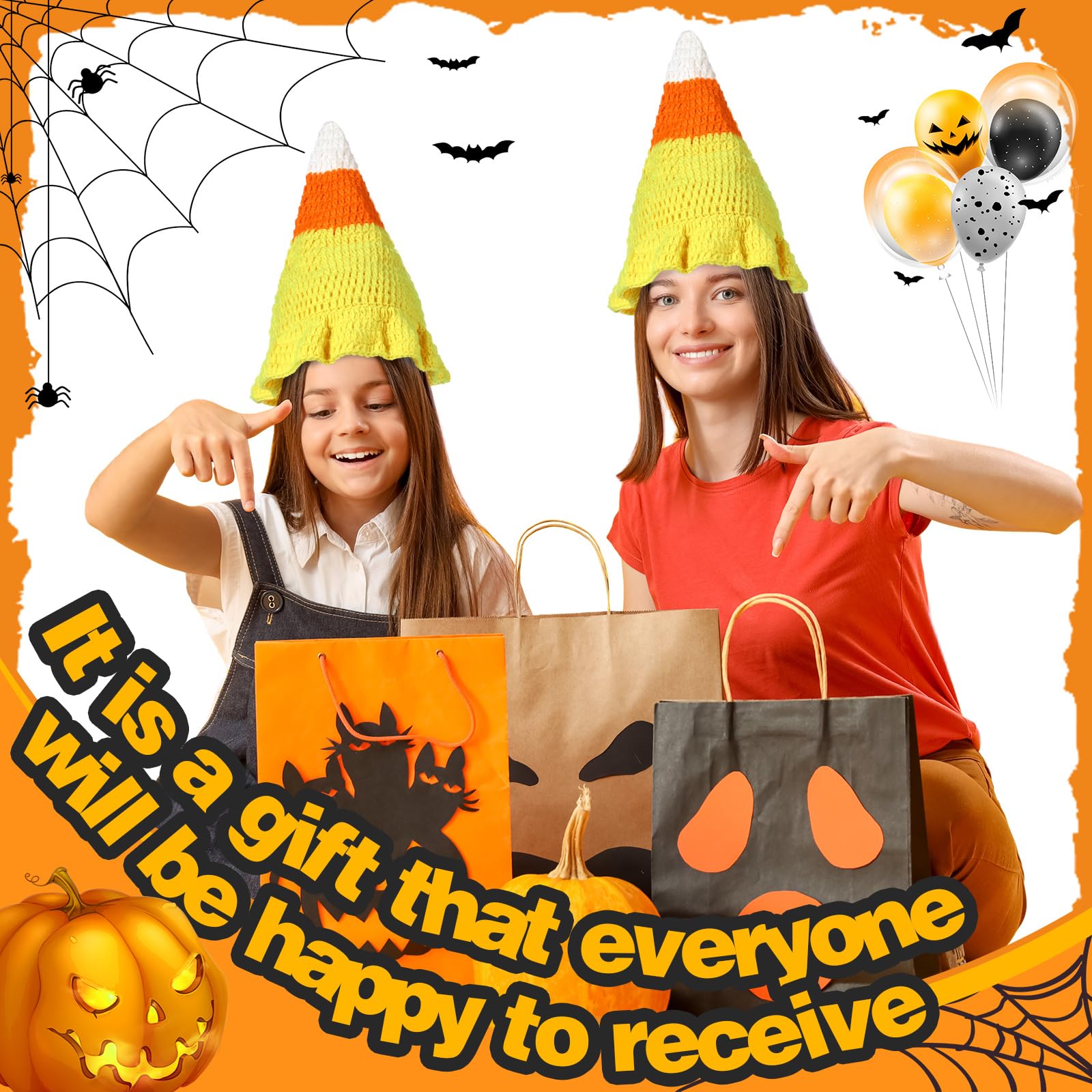 Panitay 10.63 x 12.99 Inch Candy Corn Witch Hat Crochet Pattern for Women Adult Knitted Crochet Wizard Hat for Autumn Halloween Cosplay Party Decorations, Orange, White and Yellow