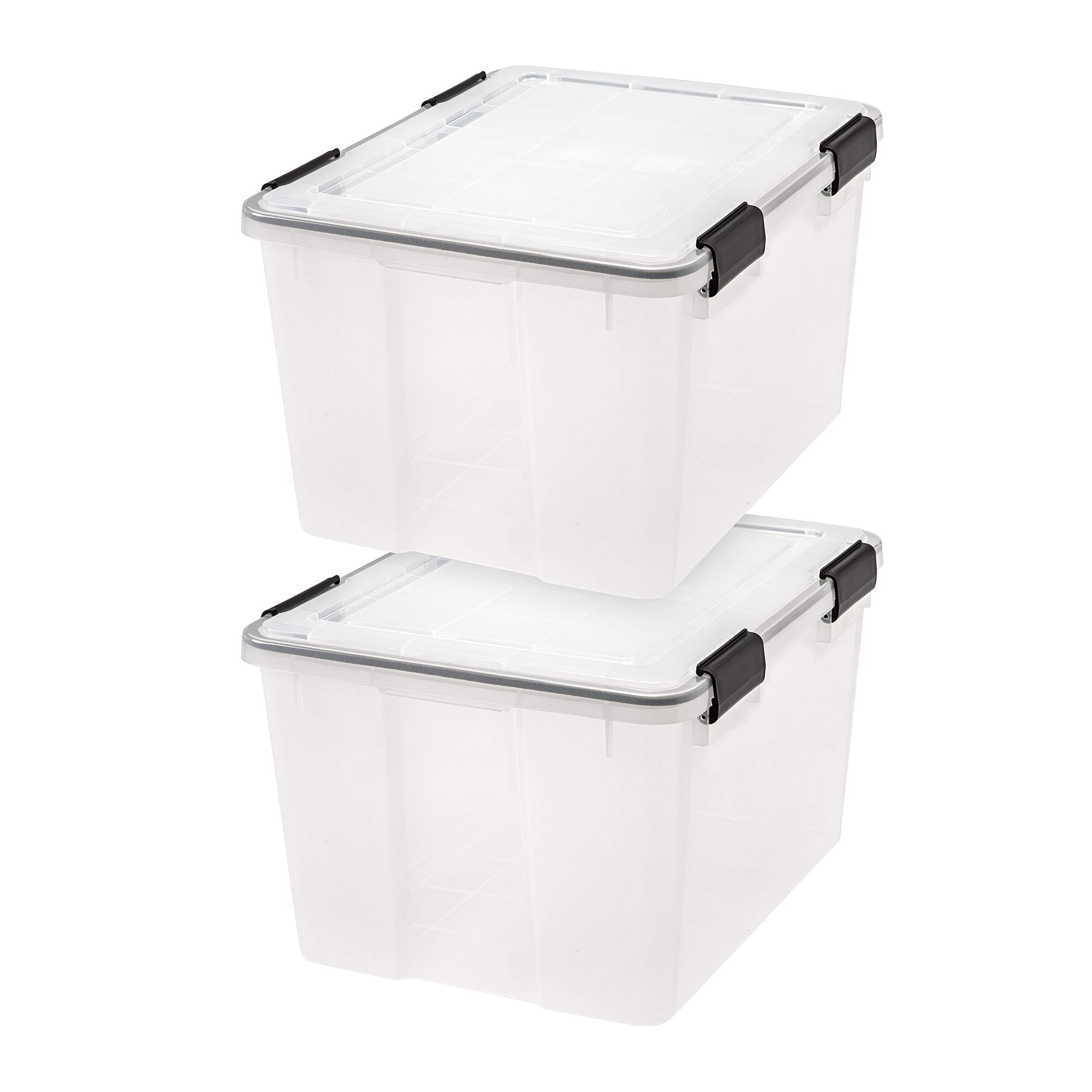 IRIS USA WEATHERPRO 47 Quart Stackable Storage Box with Airtight Gasket Seal Lid, Heavy Duty Containers with Tight Latches, Weather proof Bins for Closet Basement Attic, 2 Pack - Clear/Black