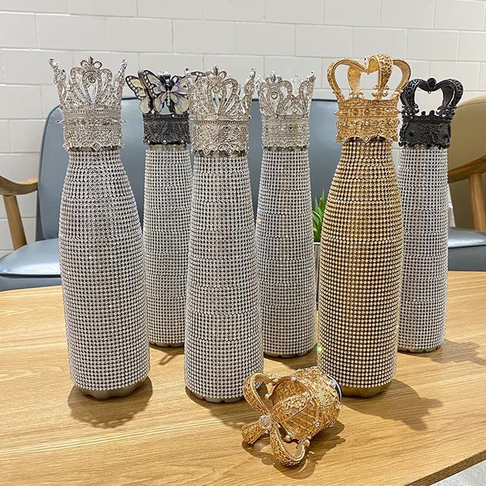 HLONGG Diamond Water Bottle Stainless Steel Bling Vacuum Flask Sparkling Glitter Thermos Bottles for Women Refillable High-End Insulated Bottle,Silver