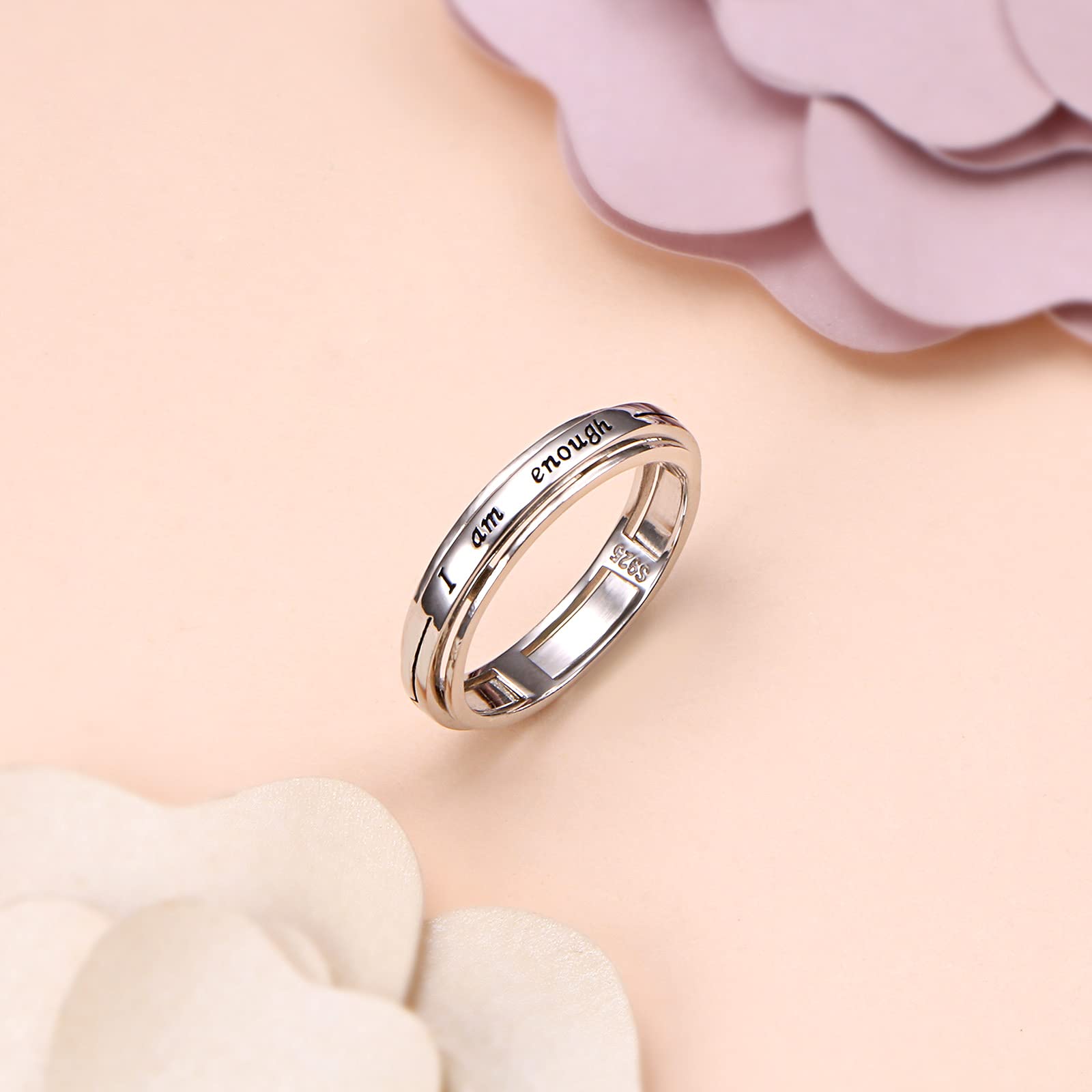 I am Enough Fidget Spinner Ring for Women 925 Sterling Silver Heart Beat Matching Engagement Promise Dainty Anxiety Rings, US Size 8