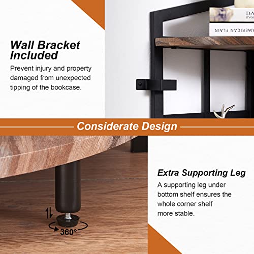 HOMBAZAAR 5-Shelf Industrial Corner Bookcase and Shelf, Standing Tall Corner Bookshelf Display Unit Storage Rack for Home Livingroom Small Space, Retro Brown Finish