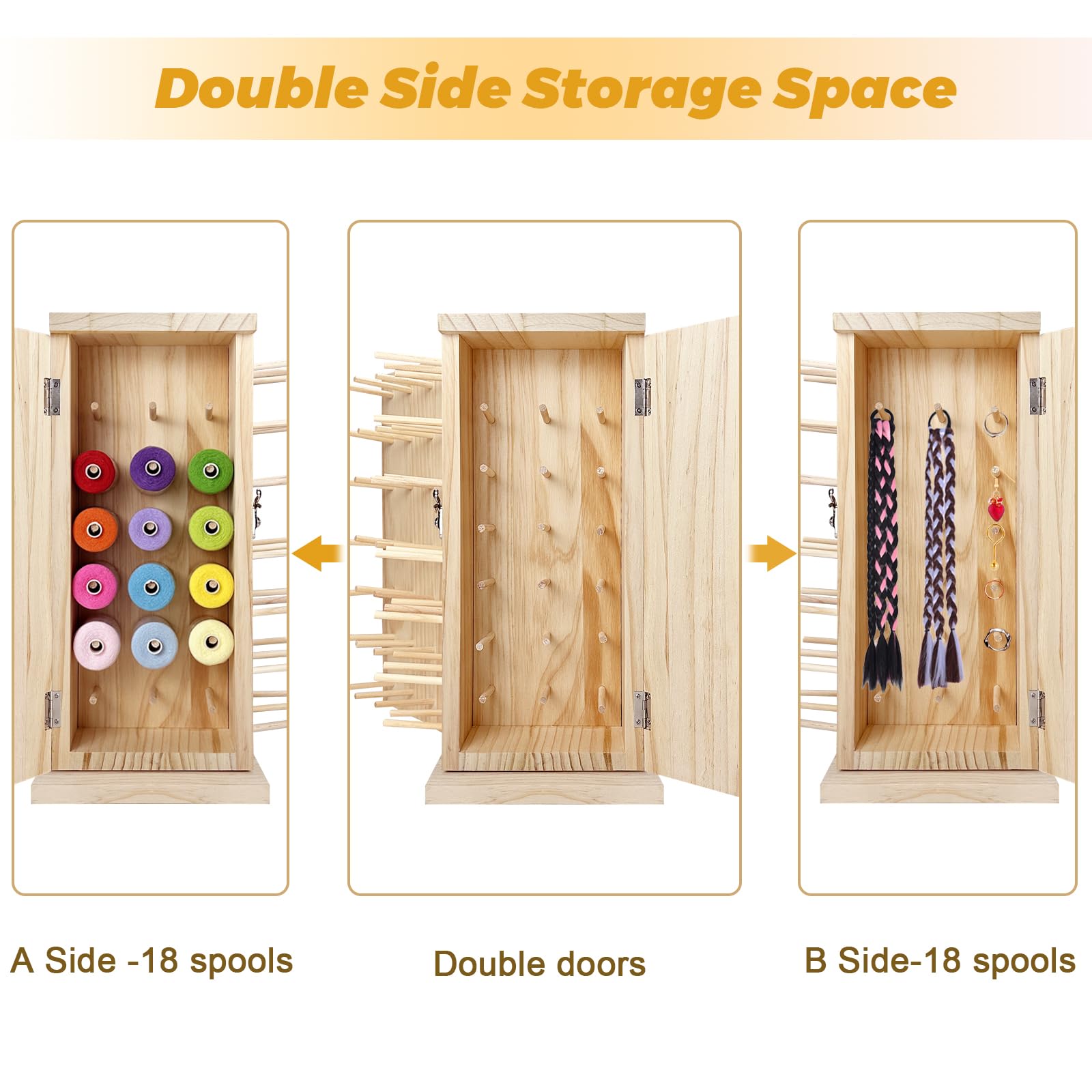 Modelfurny 120 Spools Wooden Thread Holder 360°Rotating Embroidery Thread Organizer,Double Doors Thread Rack/Thread Stand,Diy Spools Thread Braiding Holder Storage for Sewing,Quilting,Hair-Braiding