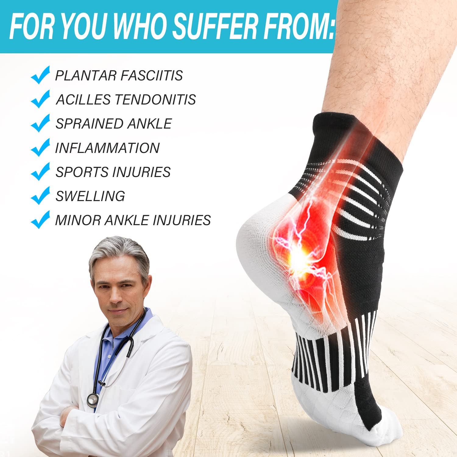 IRAMY Compression Ankle Support Socks Foot Massage Pad 3 Pairs Athletic Running Light Cushion Plantar Fasciitis For Men Women