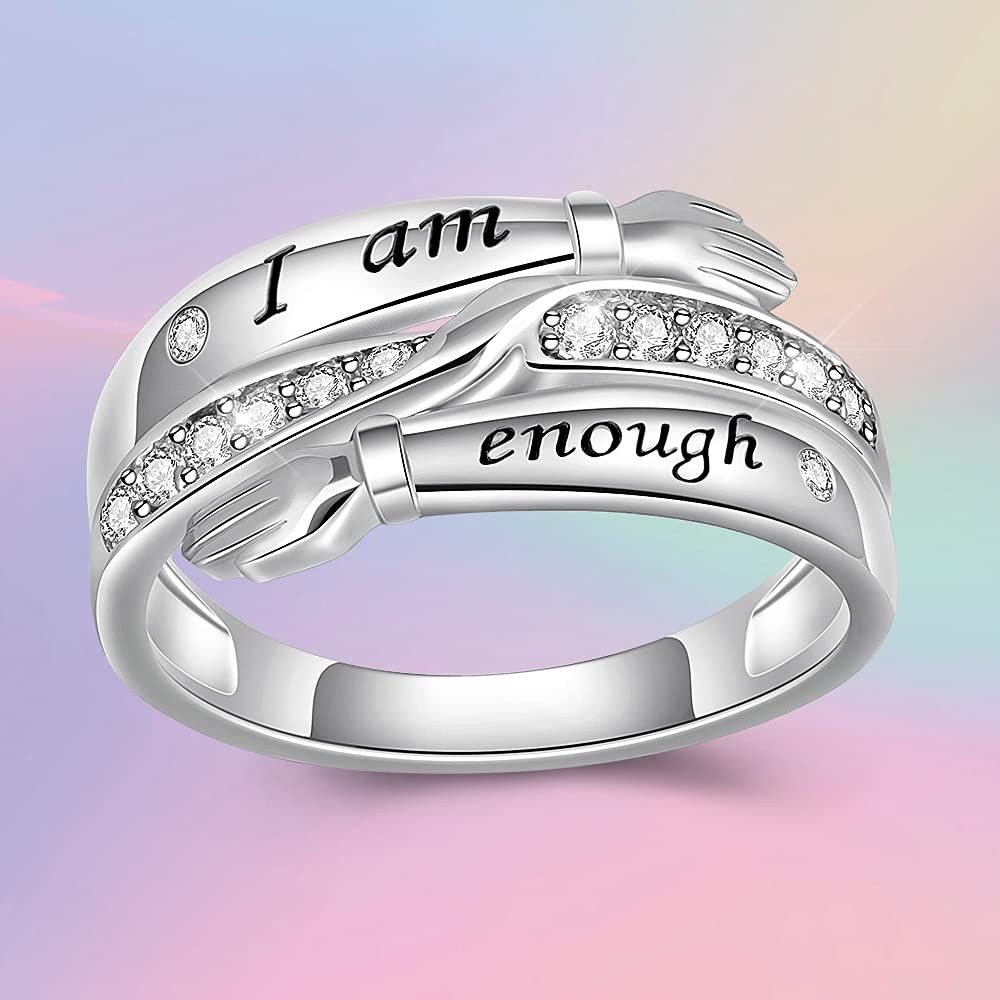 I Am Enough Hug Rings for Women Men Matching Engagement Promise Couple Hug Ring Sterling Silver Fidget Anxiety Size 7