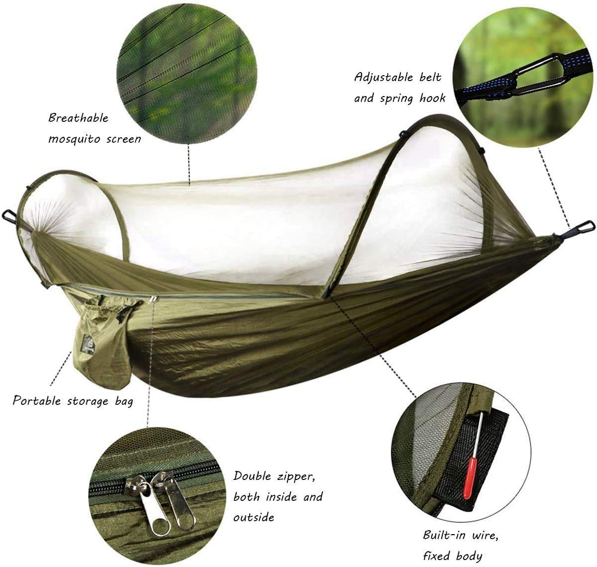 Hammock with Mosquito Net, 2 Person Outdoor Travel Hammock Lightweight Nylon Portable Hammock with Net and 2 x Tree Straps for Camping Hiking (Army Green, 250 120cm)