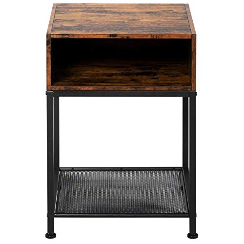 Home Office Living Room Bedroom Furniture Decor Coffee Sofa Side Bedside End Industrial Table Nightstand with mesh Shelf Rustic Brown Wood and Sturdy Steel Compact Size Easy Assembly