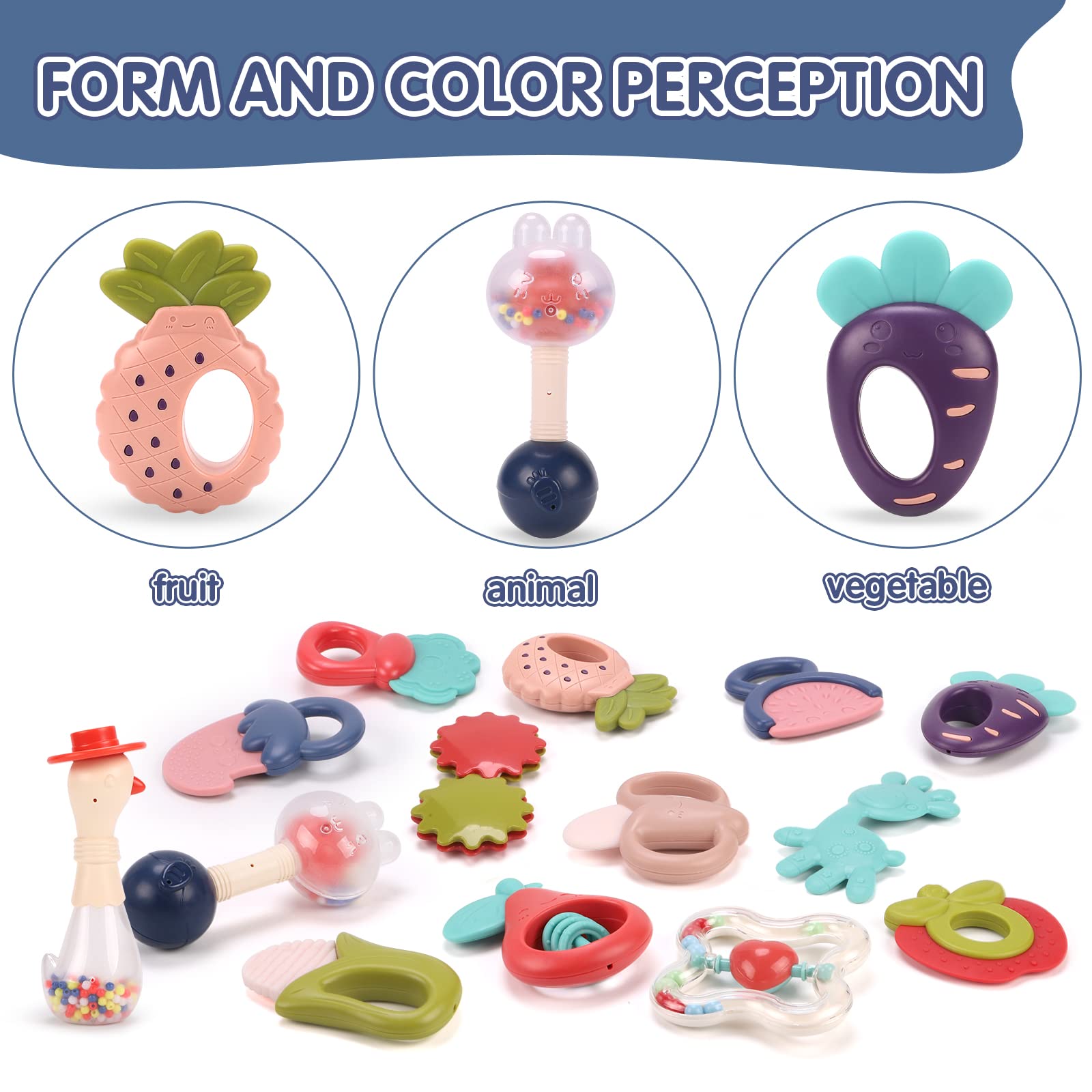 Lemon Legend 14pcs Baby Rattles Teethers Set, Sensory Teeth as a Newborn Birthday Gift for 0 1 2 3 4 5 6 7 8 9 10 12 Months Baby Boys Girls with a Pear Container