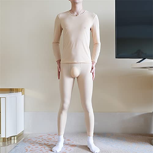 IYUNYI Men's Thermal Underwear Set, Ice Silk Feeling Long Johns, Winter Thin Base Layer Top & Bottom Nude