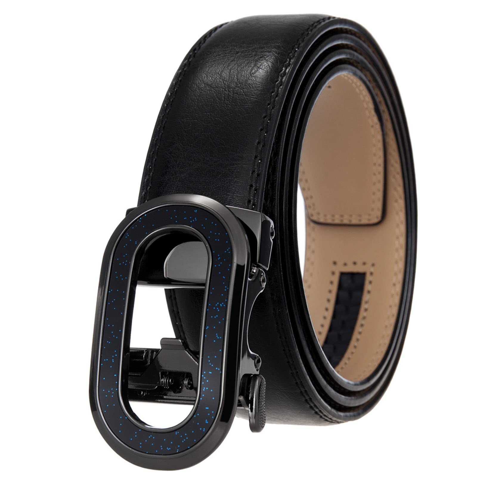 jasboo Men's Genuine Leather Adjustable Belts, Slide Trim Ratchet with Automatic Elegant Metal Buckles for Casual Pants (Black & Night Sky)