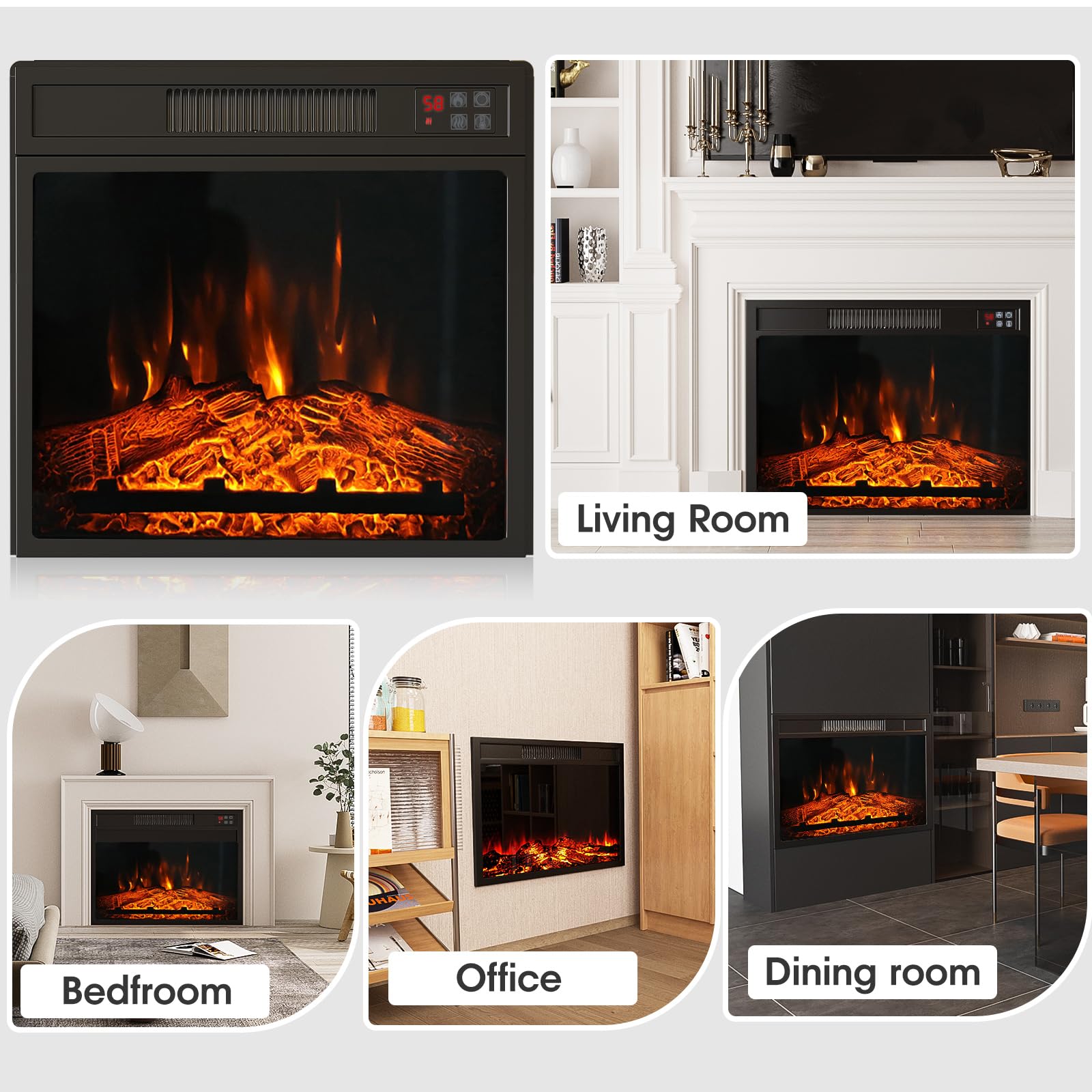 HOSEOKA 18" Electric Fireplace Insert, Electric Fireplace Heater for TV Stand Indoor Electric Stove with Remote Control, Adjustable Log Flame, 1400W(US in Stock)