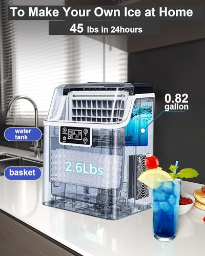 Kndko Ice Cube Maker Machine Countertop, 2 Ways to Add Water, 45Lbs/Day, 24 Pcs Ready in 13 Mins, 2.6 lbs Capacity, Ice Makers Countertop with 24H Timer for Home Bar RV,Stainless Steel Ice Maker