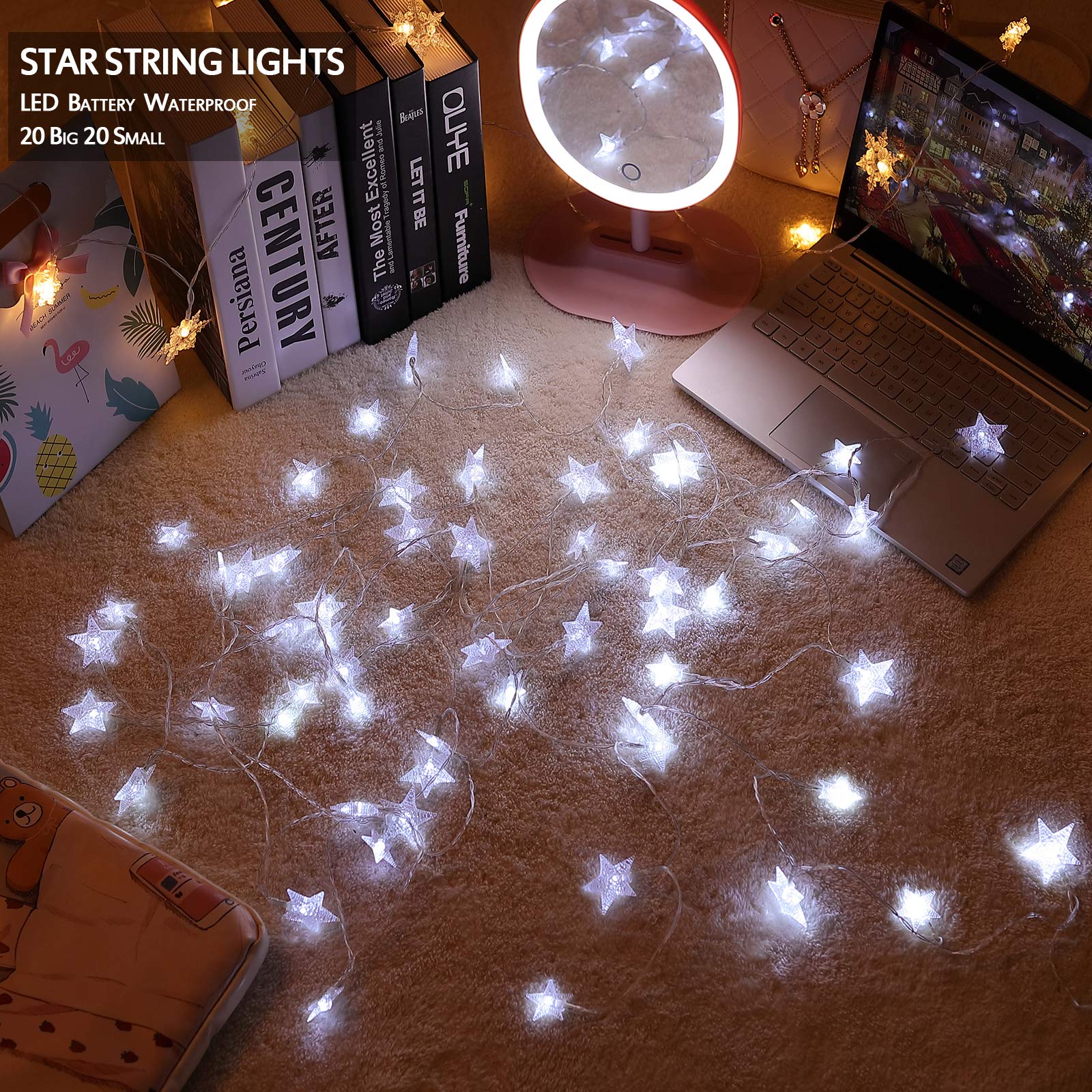 HOME RIGHT Christmas String Lights, 20Ft 40 LED Stars Waterproof Battery Operated Remote Control Twinkle String Light for Indoor Outdoor Garden Patio Yard Camping Halloween Holiday White